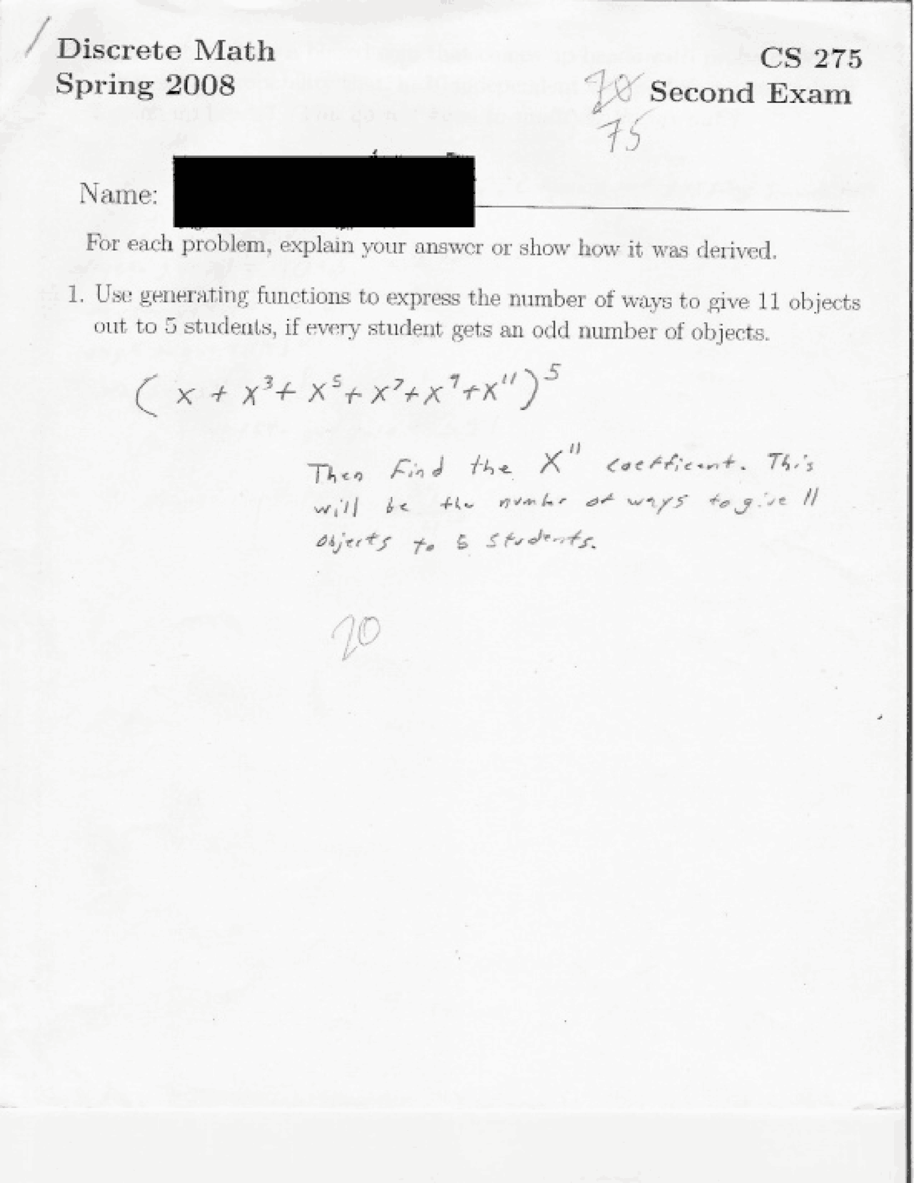 Second Exam with Answers - Discrete Mathematics - Spring 2008 | CS 275 - Docsity