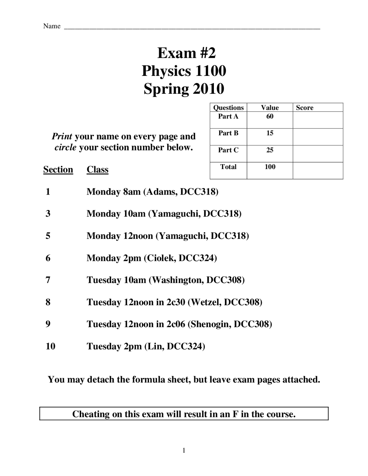 Physics I - Exam 2 - Spring 2010 | PHYS 1100 - Docsity