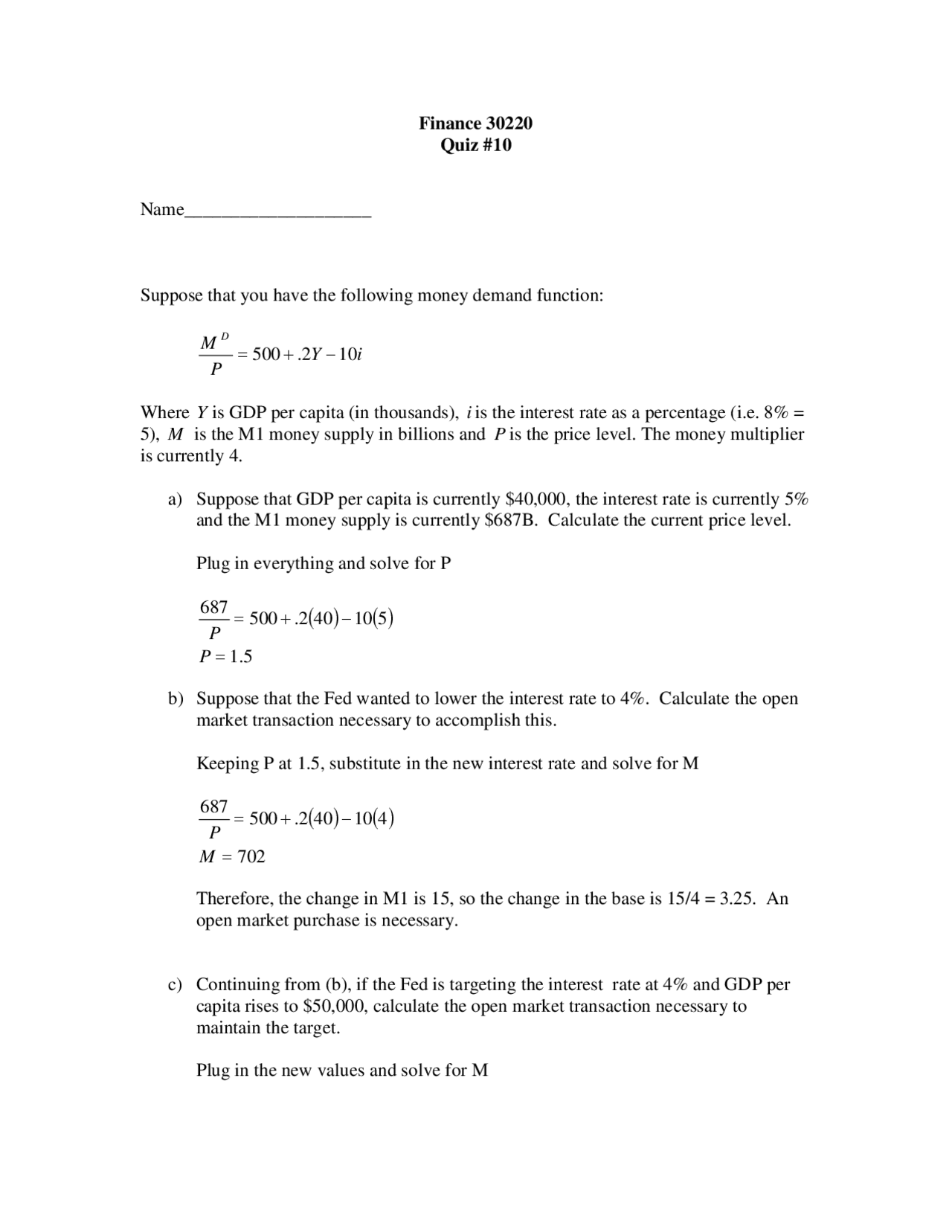 Quiz 10 With Resolution Macroeconomic Analysis Fin 30220 Docsity