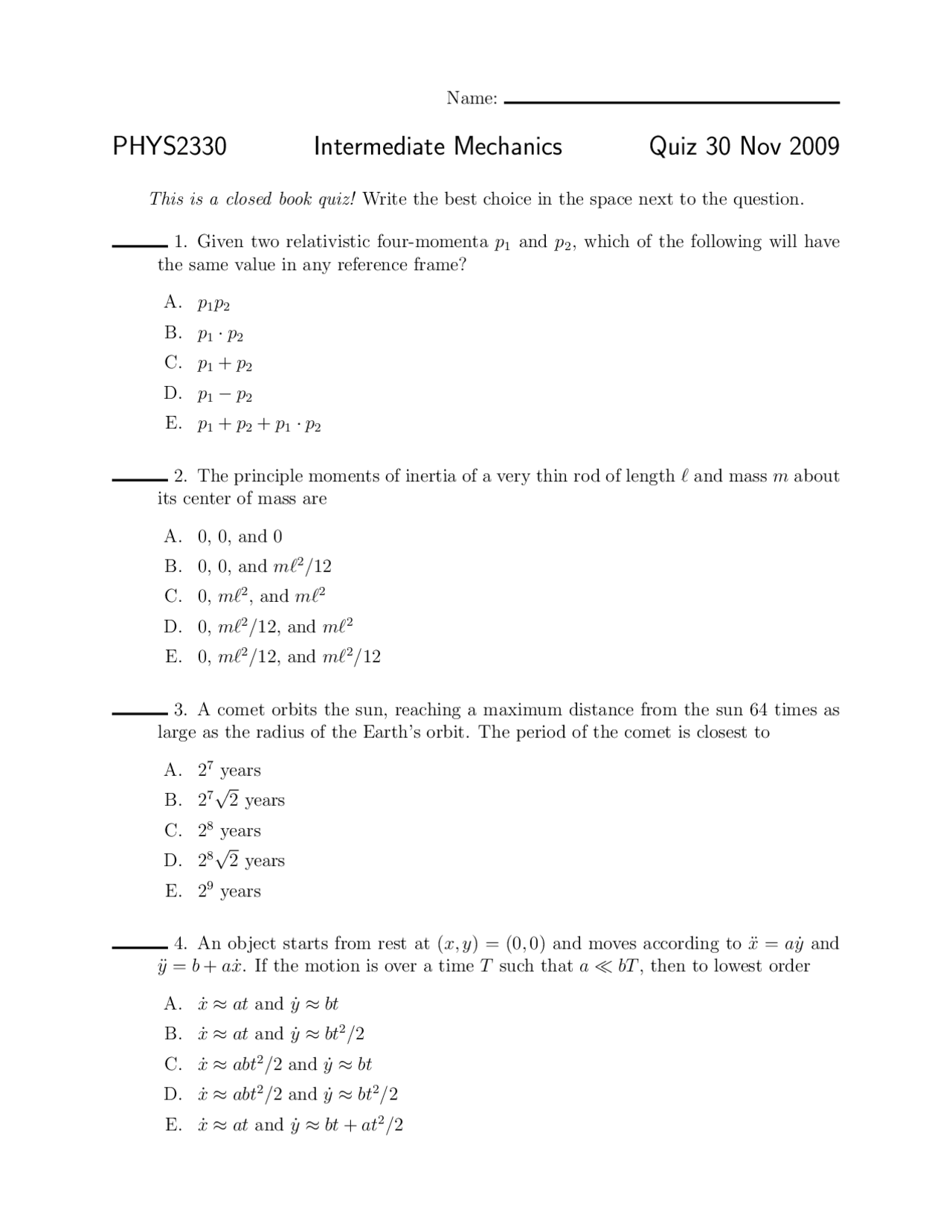 Intermediate Mechanics Quiz - PHYS2330 - Prof. James J. Napolitano ...