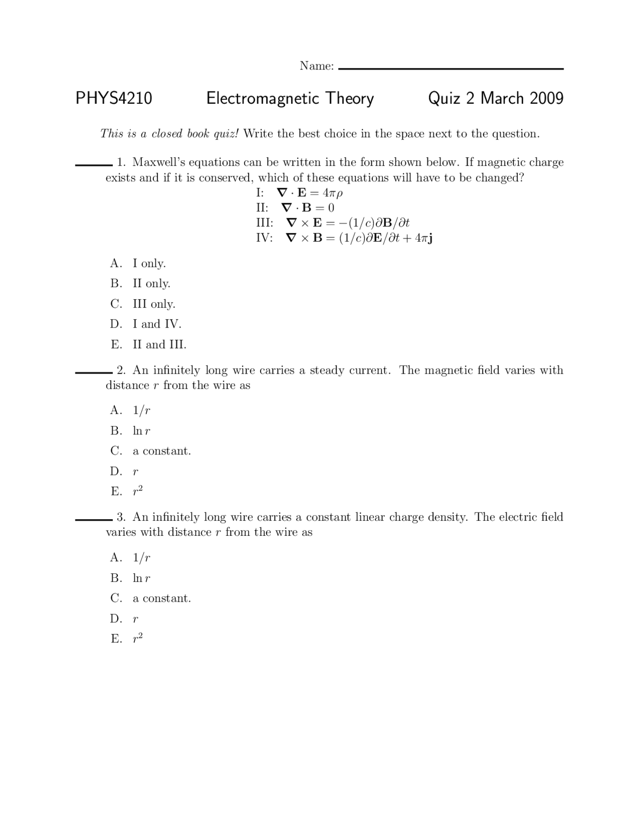 Quiz 5 Electromagnetic Theory Phys 4210 Docsity