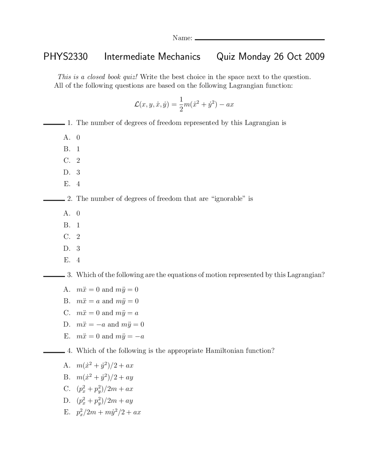 Quiz 6 Lagrangian Function - Intermediate Mechanics | PHYS 2330 ...