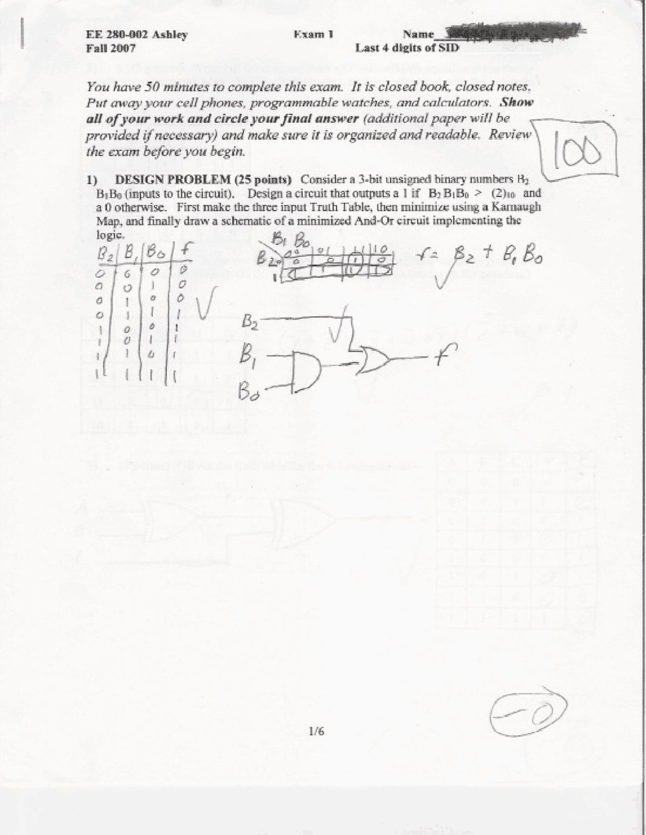 Design Problem - Design of Logic Circuit - Exam 1 with Solution | EE ...