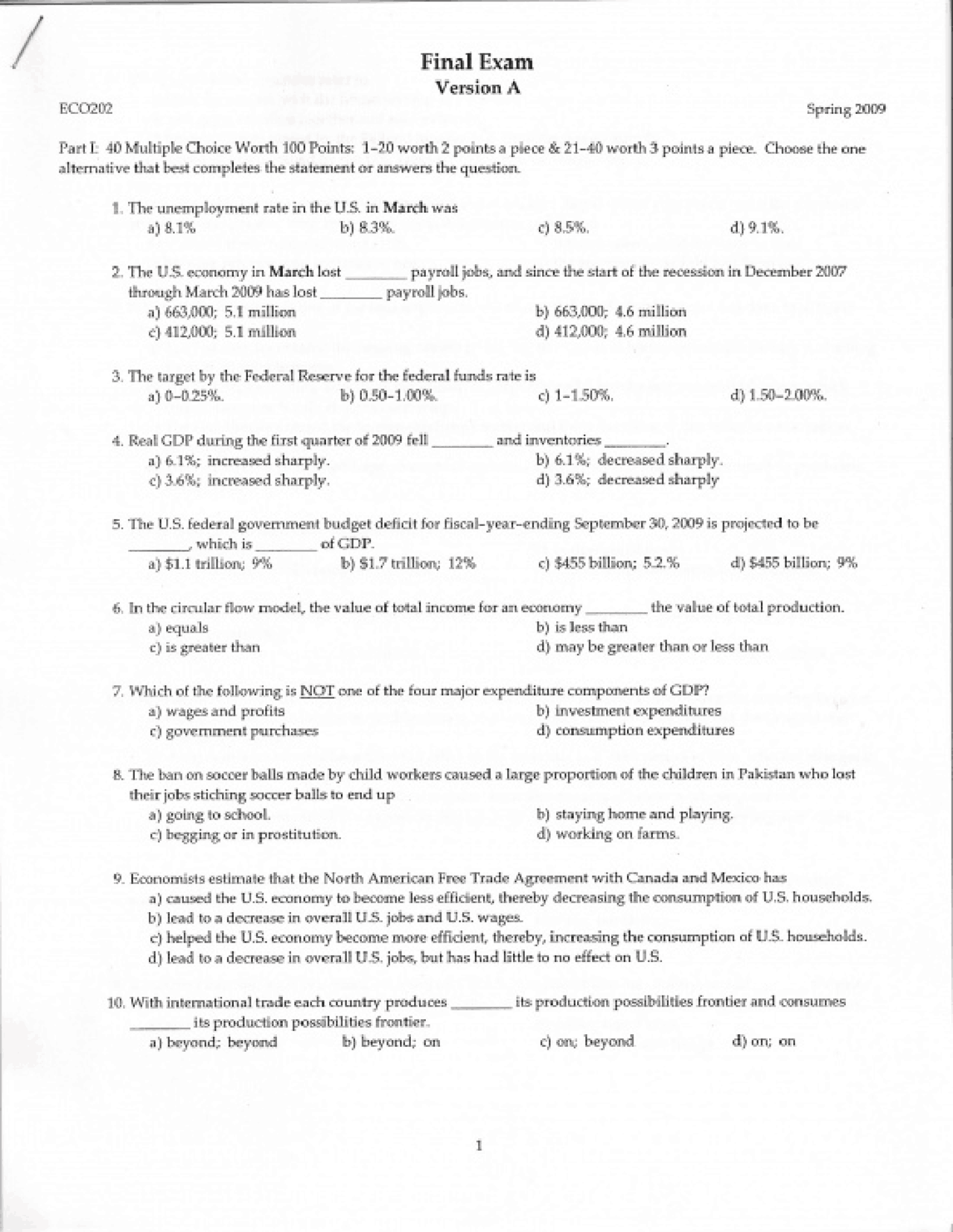 40 Questions on Principles of Economics with Answer key - Final Exam ...