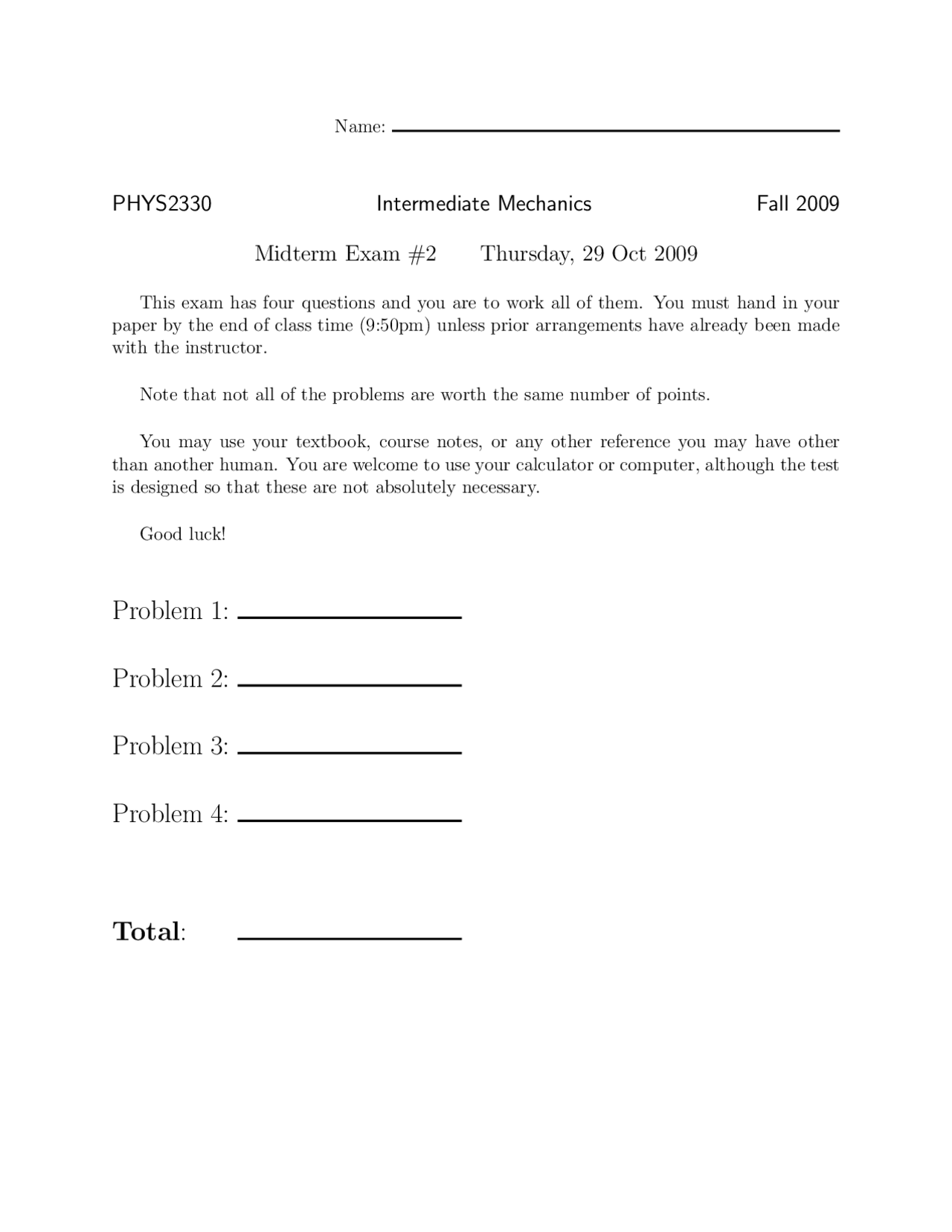Intermediate Mechanics - Midterm Exam 2 | PHYS 2330 | Exams Mechanics | Docsity