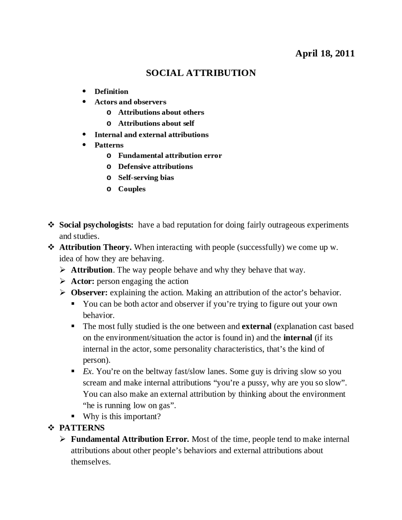 The Social Attribution - INTRO PSYCHOLOGY | PSYC 100 - Docsity