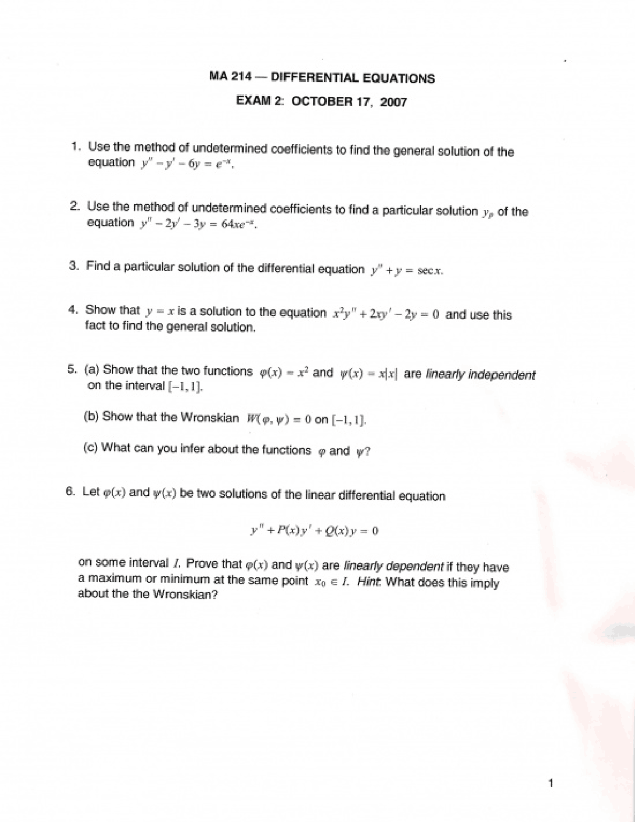 Exam 2 Questions for Solution - Differential Equations | MA 214 | Exams ...
