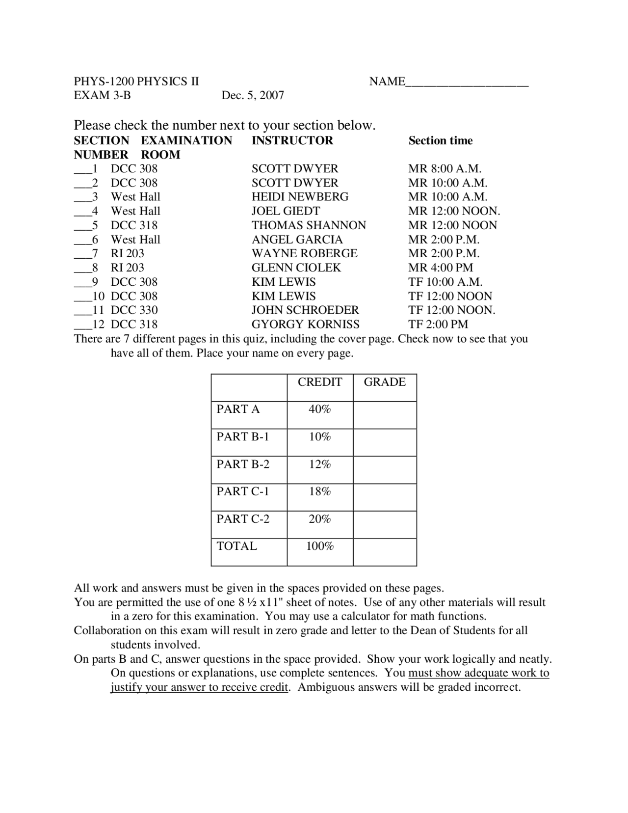 Exam 3 Question Paper Physics Ii Phys 1200 Docsity