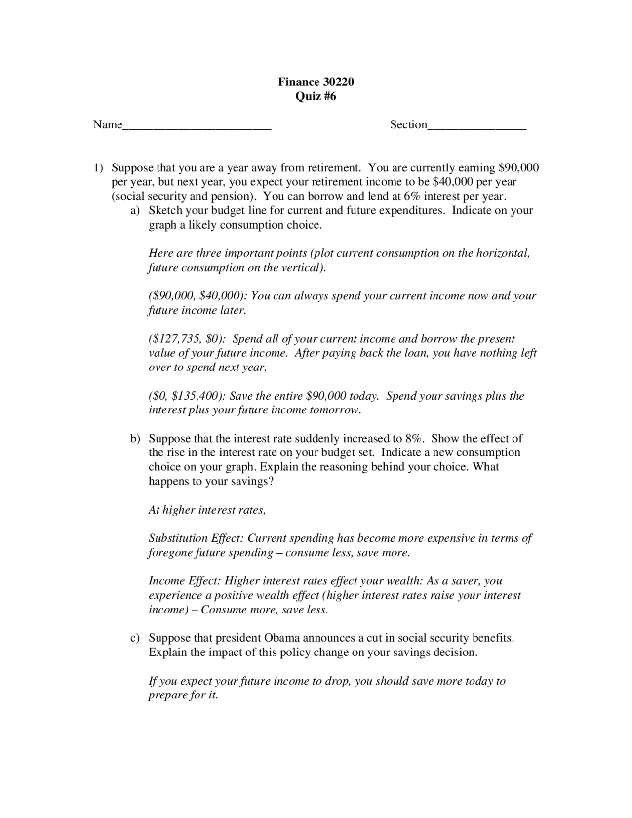 Sample Quiz 6 With Answers Macroeconomic Analysis Fin 30220 Docsity