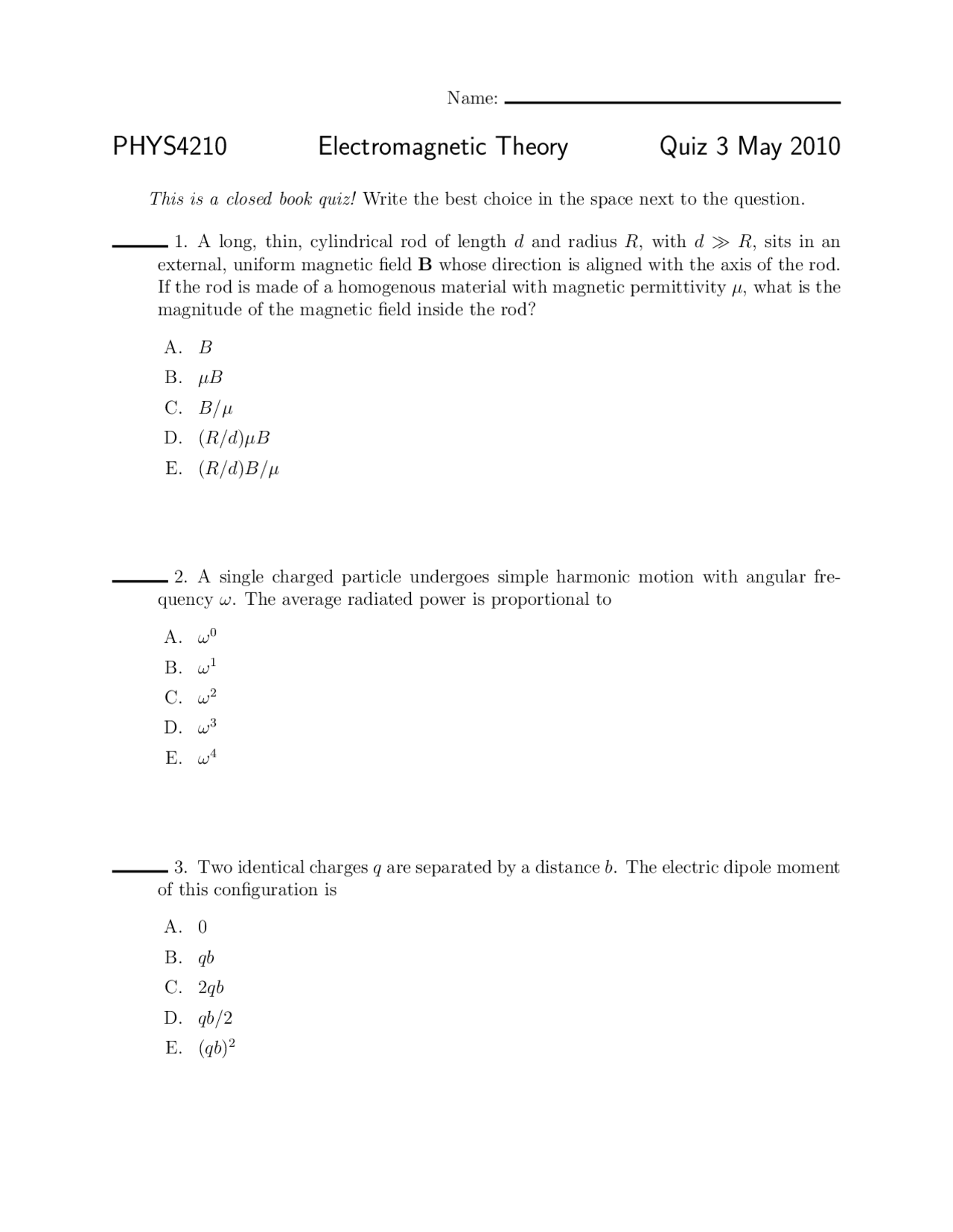 3 Multiple Choice Questions on Electromagnetic Theory - Quiz 3 | PHYS ...
