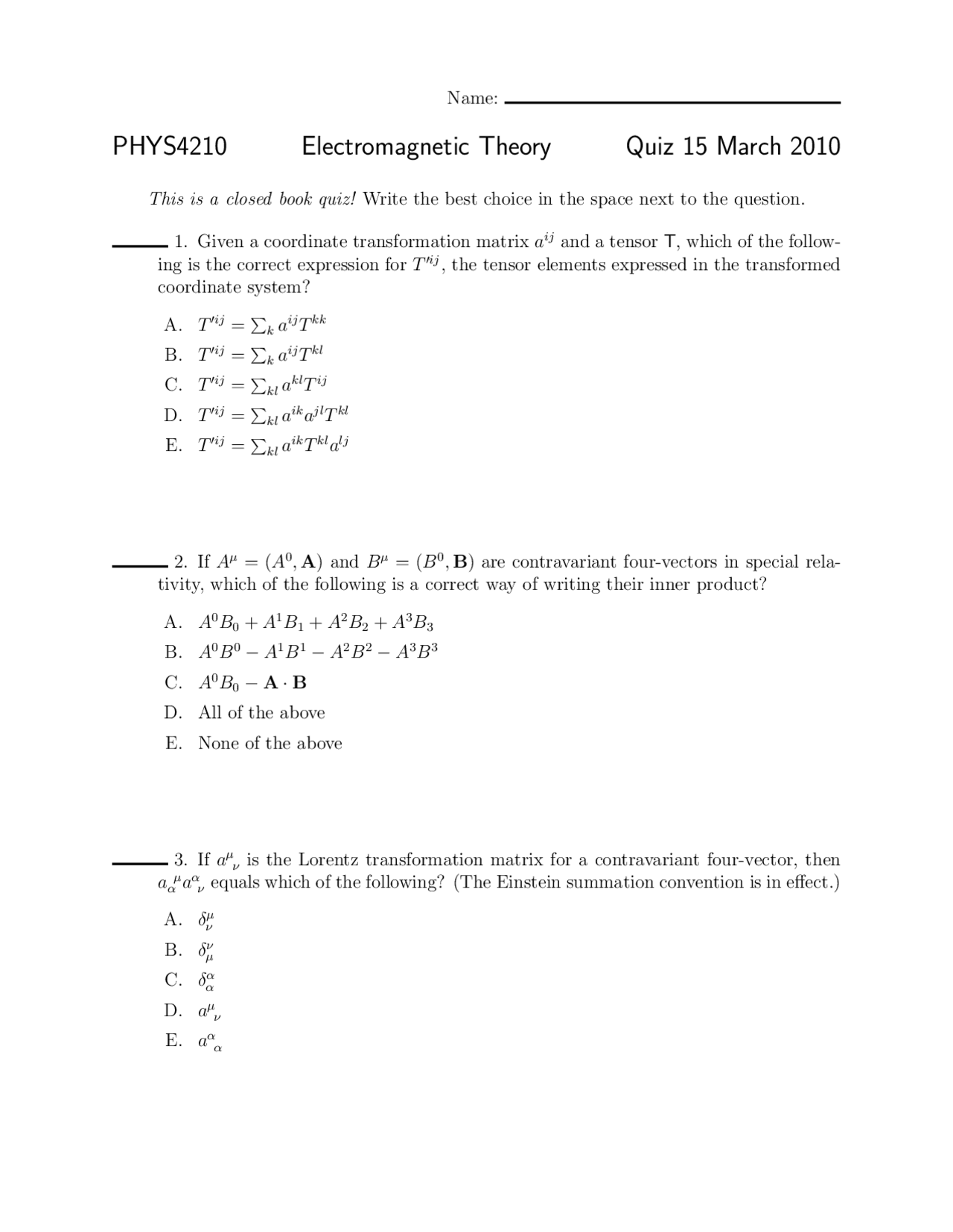 Quiz On Coordinate Information Matrix Phys 4210 Docsity