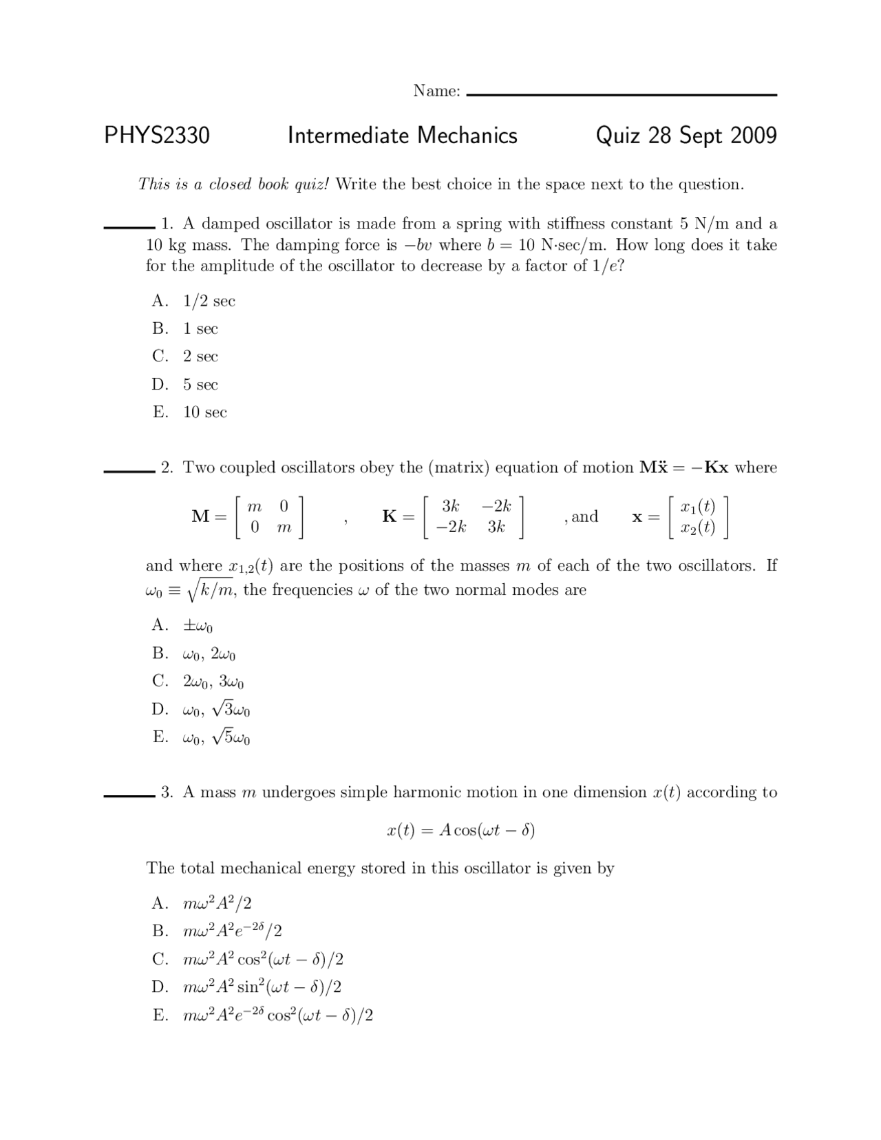Quiz Review Problems - Intermediate Mechanics | PHYS 2330 - Docsity