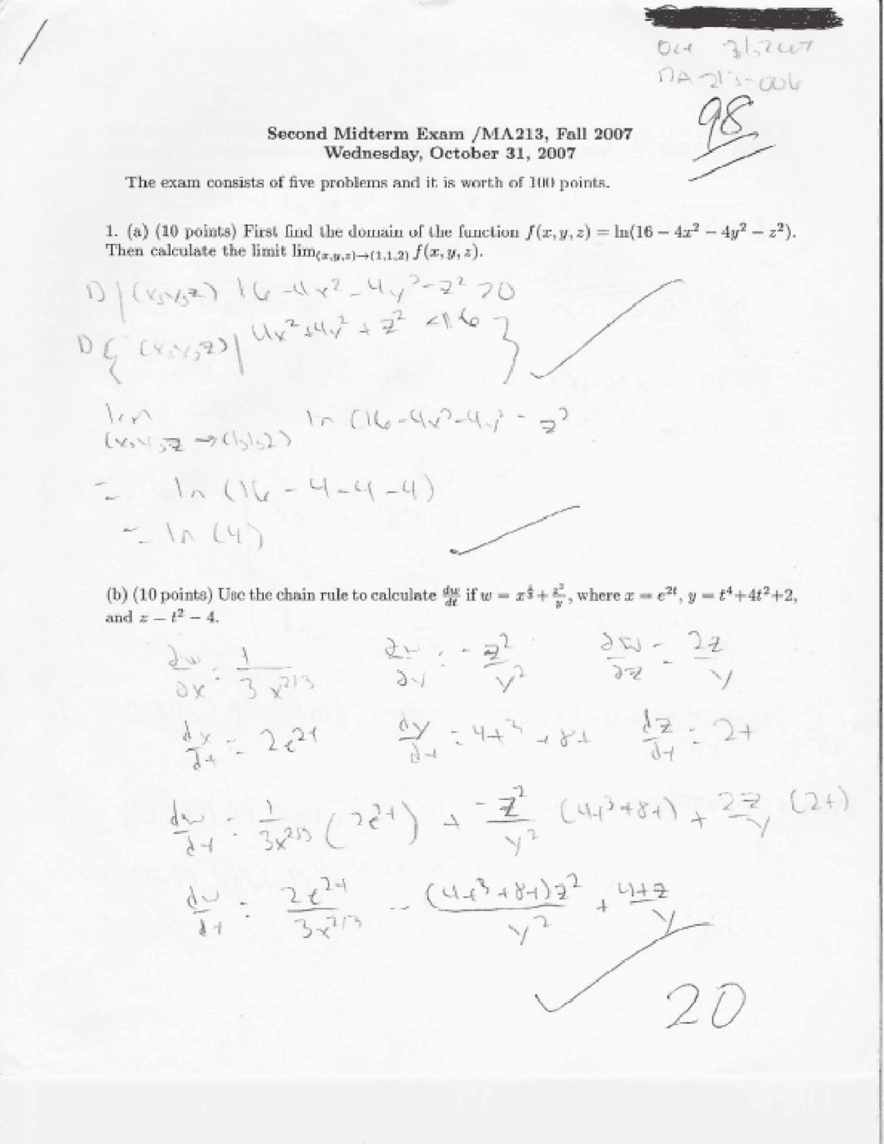 Second Midterm Exam With Answer Key Calculus Iii Ma 213 Docsity