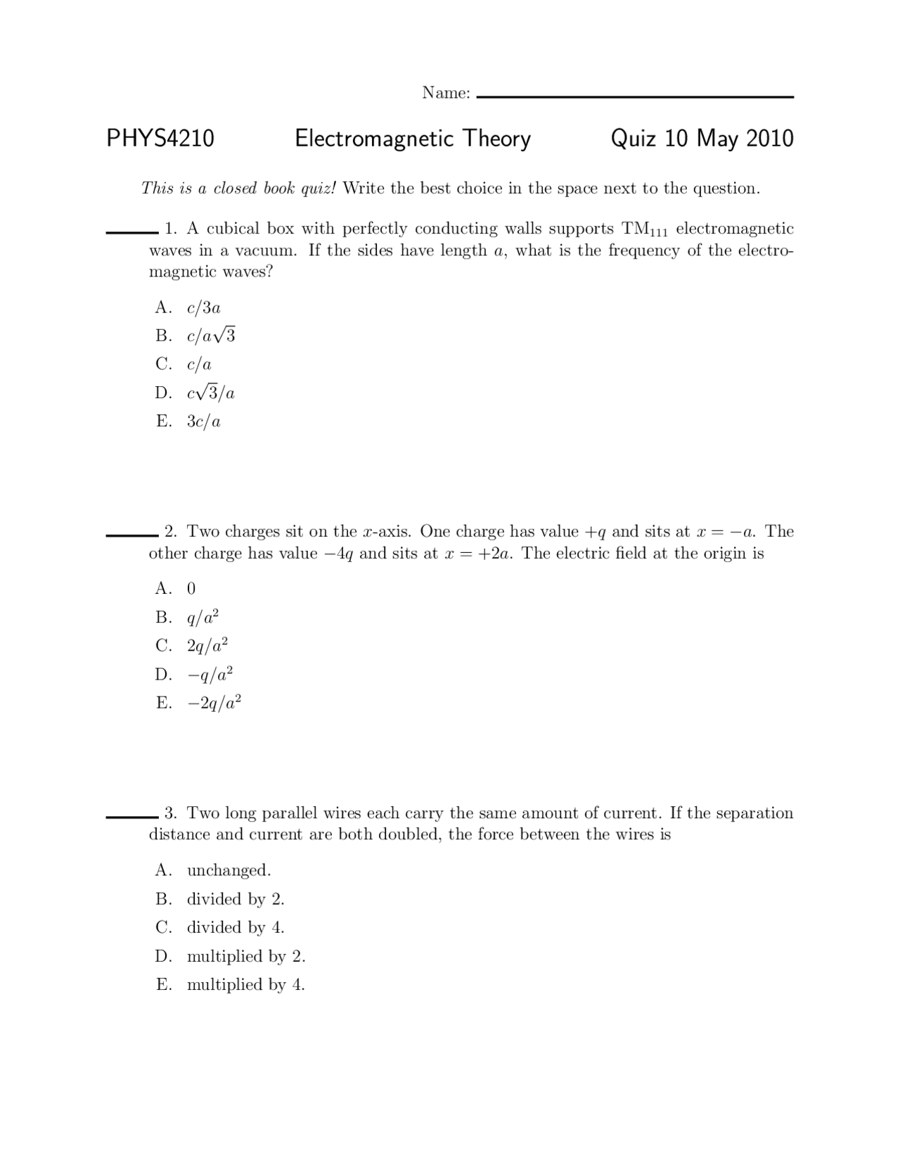 3 Multiple Choice Questions On Electromagnetic Theory Phys 4210 Docsity