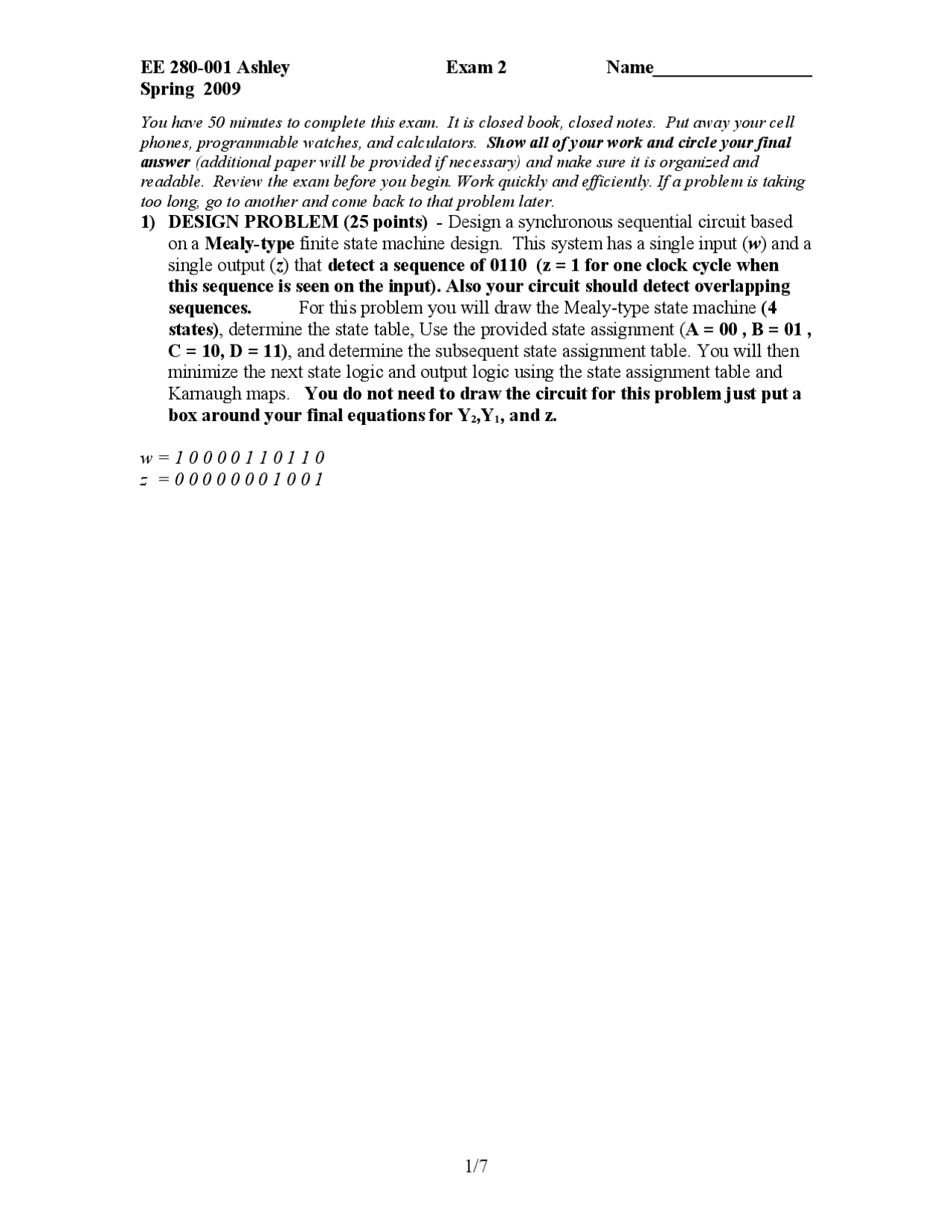 Exam 2 With Questions Design Of Logic Circuits Spring 2009 Ee 280