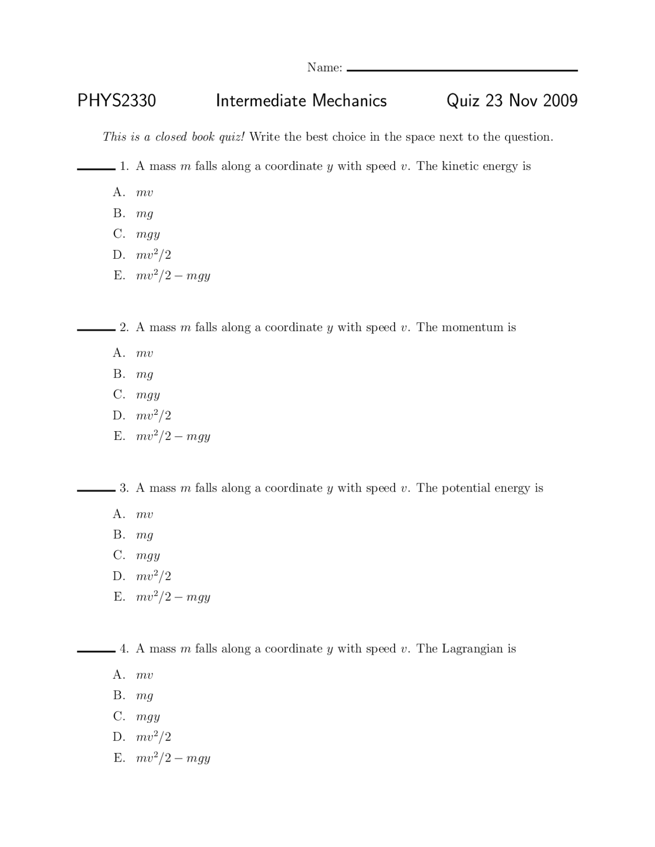 Estimation of Falling Mass Kinetic Energy - Quiz | PHYS 2330 | Quizzes ...