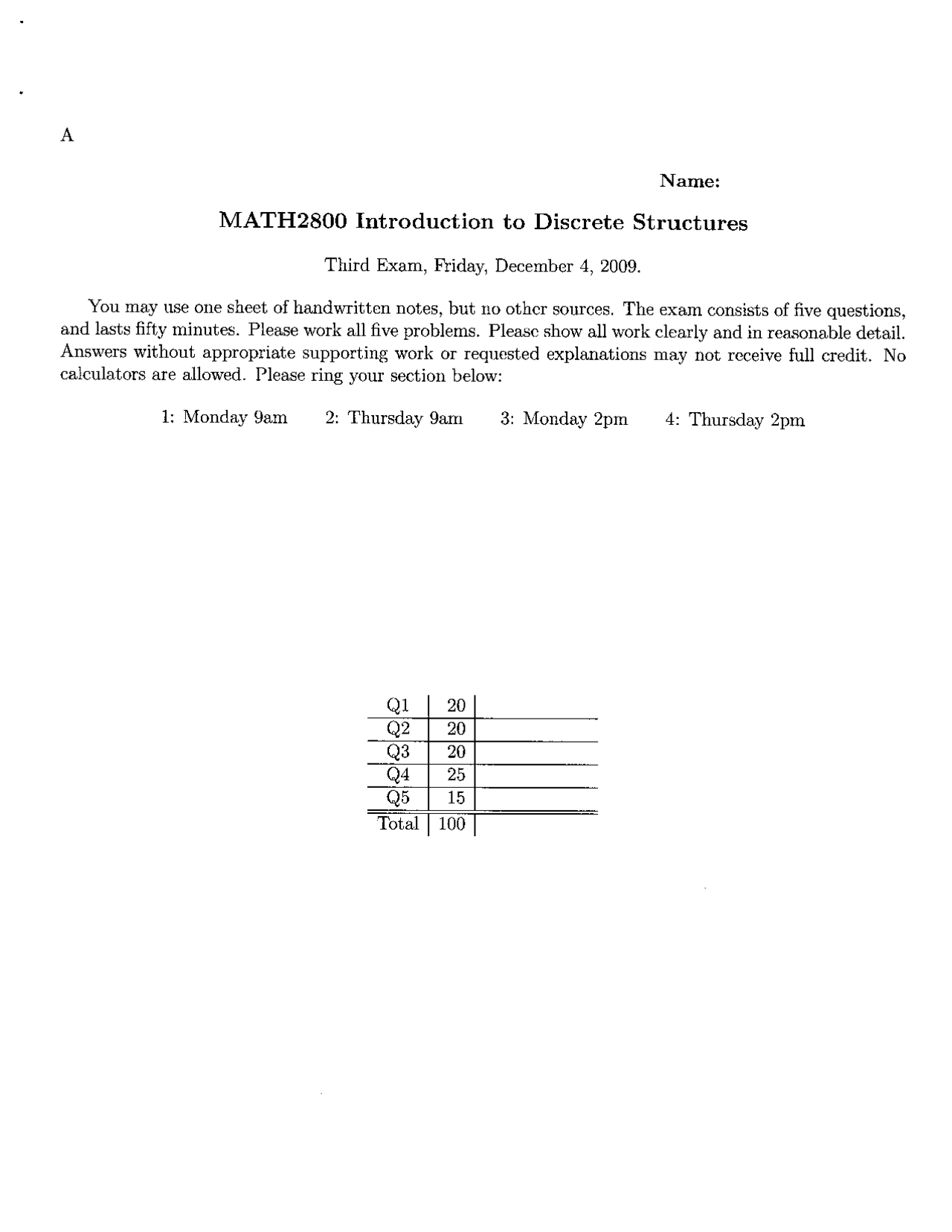 Third Examination On Introduction To Discrete Structures With Answers