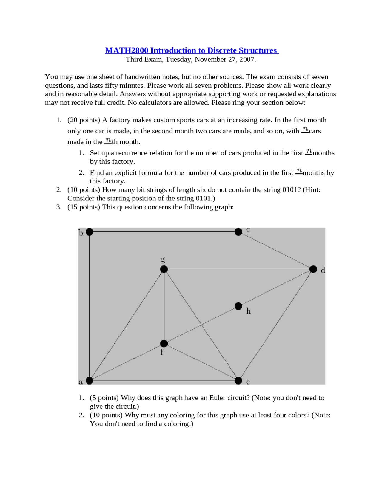 Unsolved Exam 3 Introduction To Discrete Structures Math 2800 Docsity