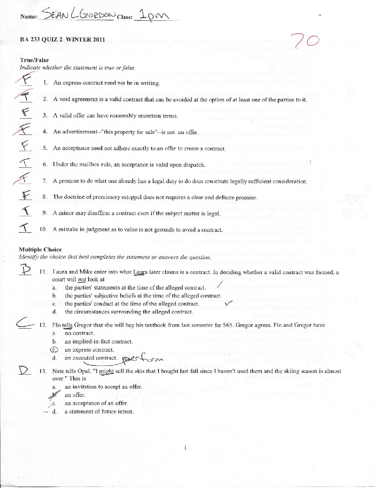 Quiz with Answers to Business Law and Ethics (Winter 2011) | BA 233 | Quizzes Business and ...
