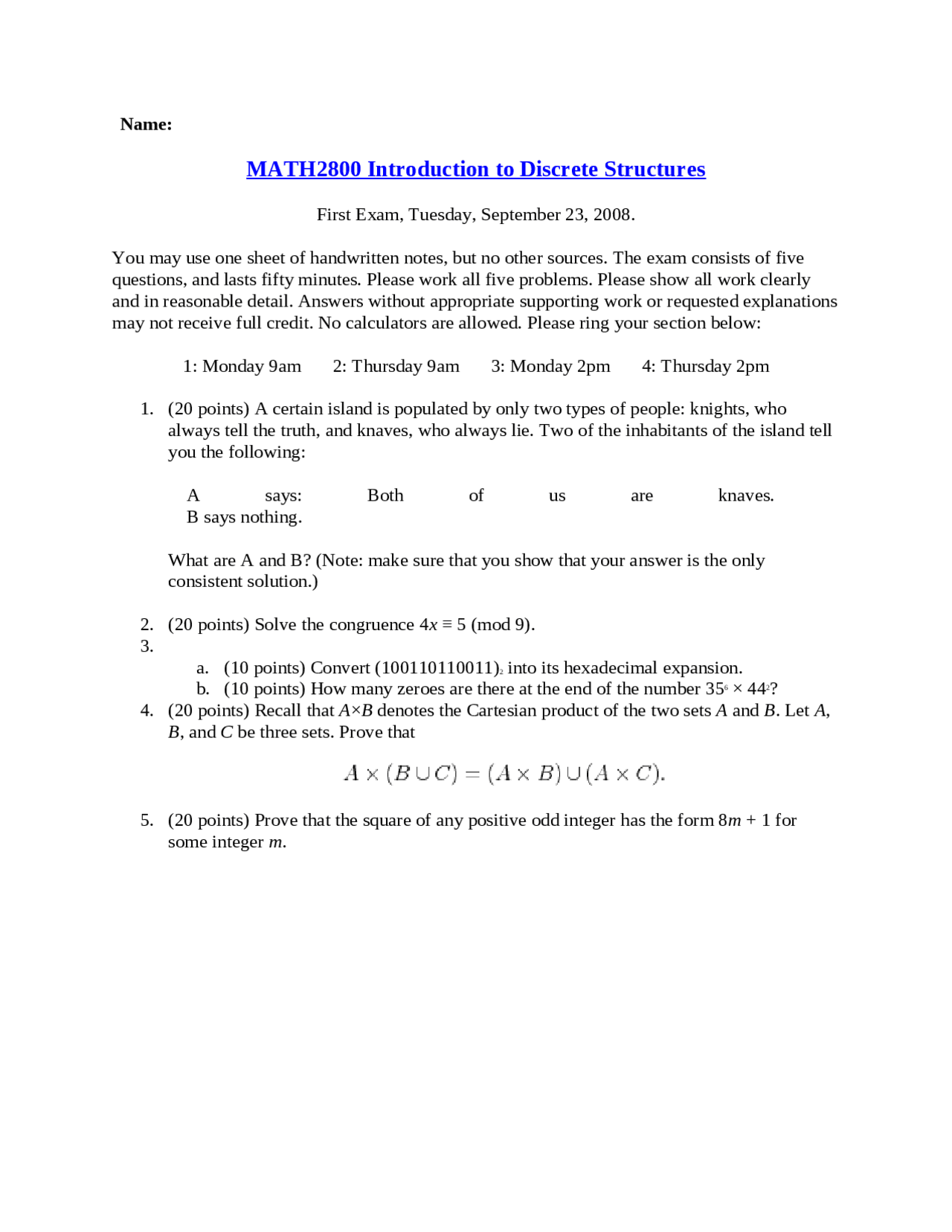 5 Questions For Exam 1 Introduction To Discrete Structures Math