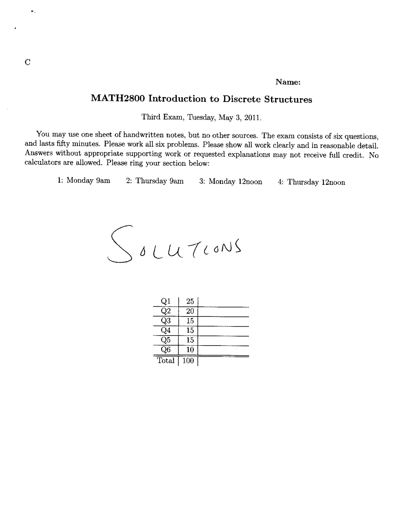 Solutions To Exam 3 On Introduction To Discrete Structures Math 2800 Docsity