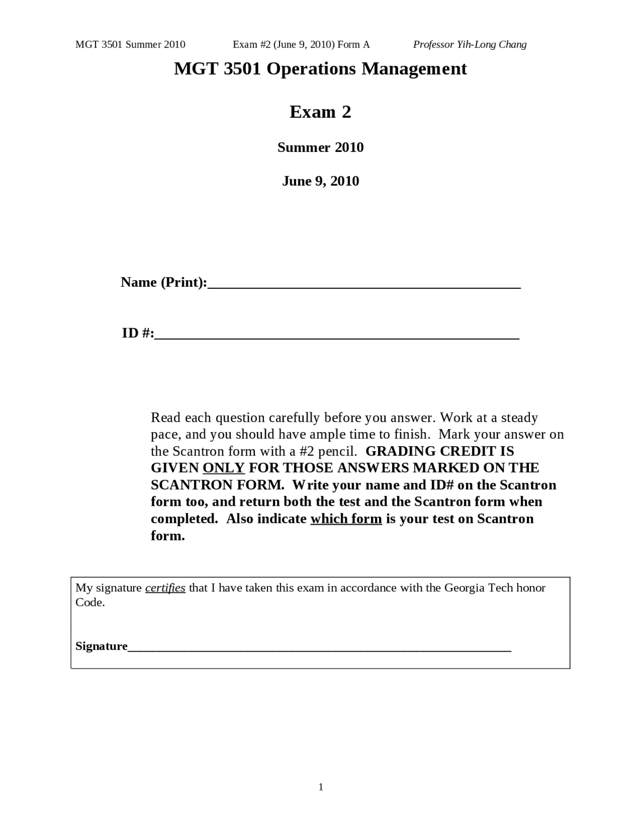 Exam 2 Practice Problems on Operations Management - Spring 2010 | MGT ...