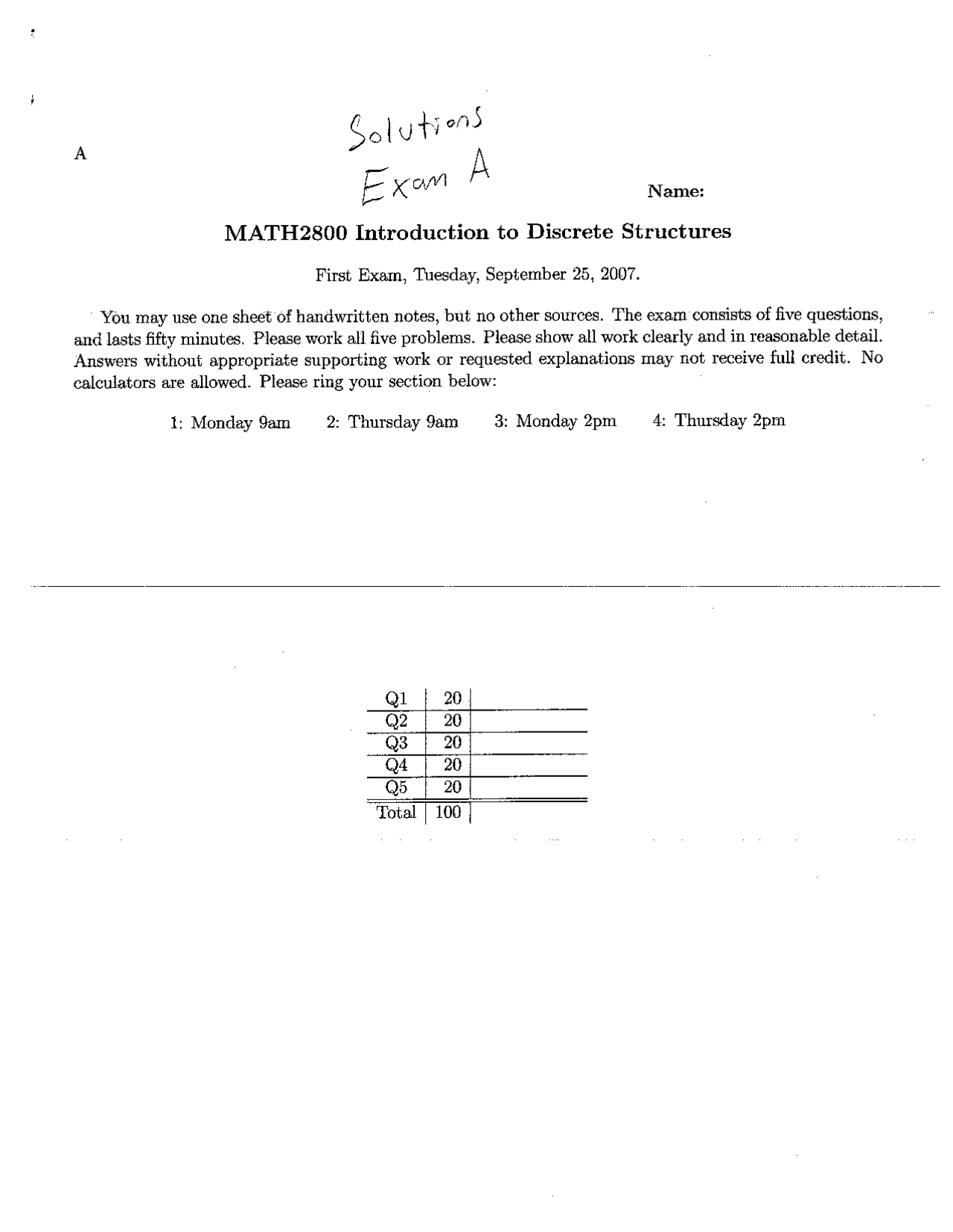 Introduction To Discrete Structures Past Exam 1a With Solutions