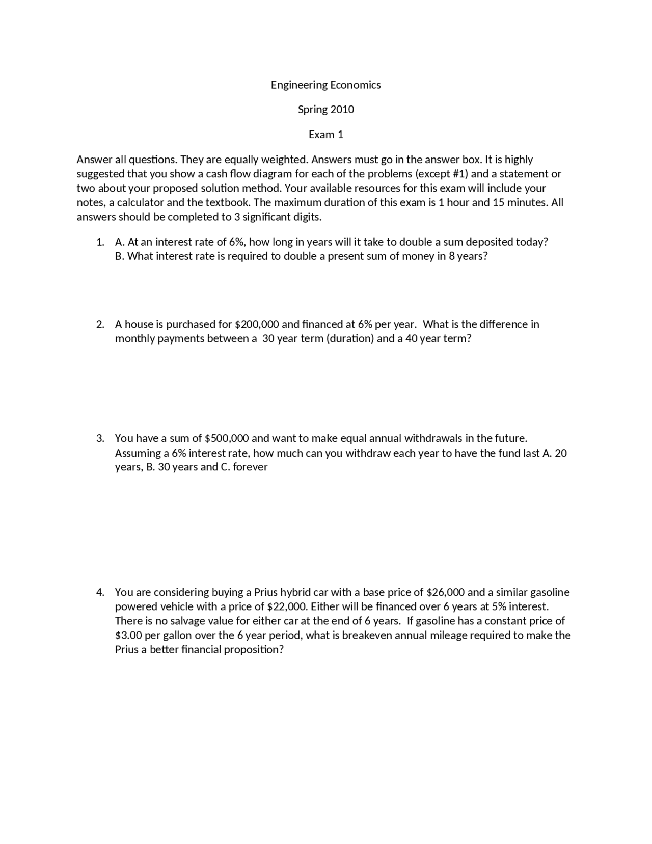 Exam 1 Problems Engineering Economics Spring 2010 Engr 4760 Docsity