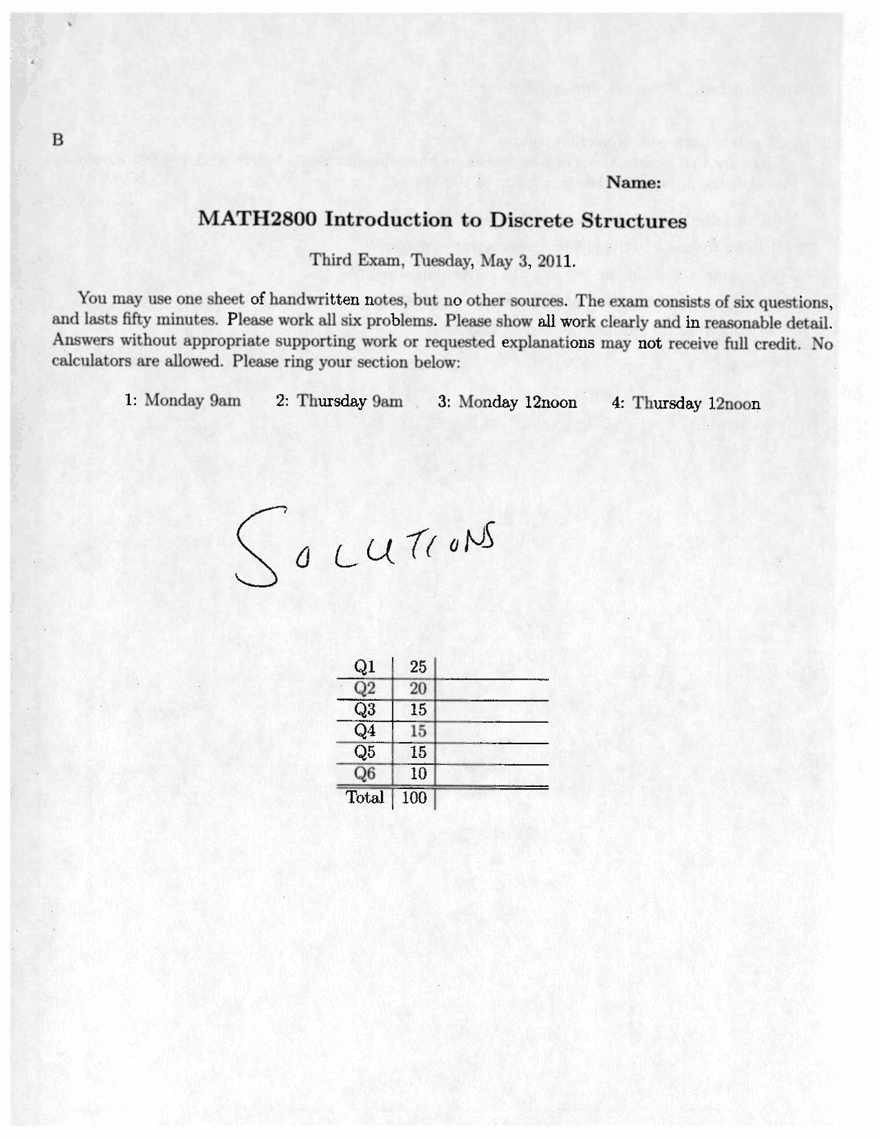 Introduction To Discrete Structures Solutions To Third Examination