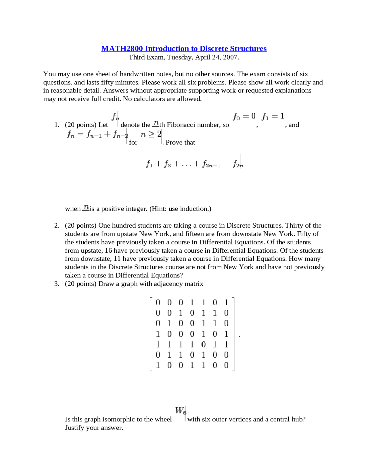 Exam 3 With 6 Problems Introduction To Discrete Structures Math 2800 Docsity