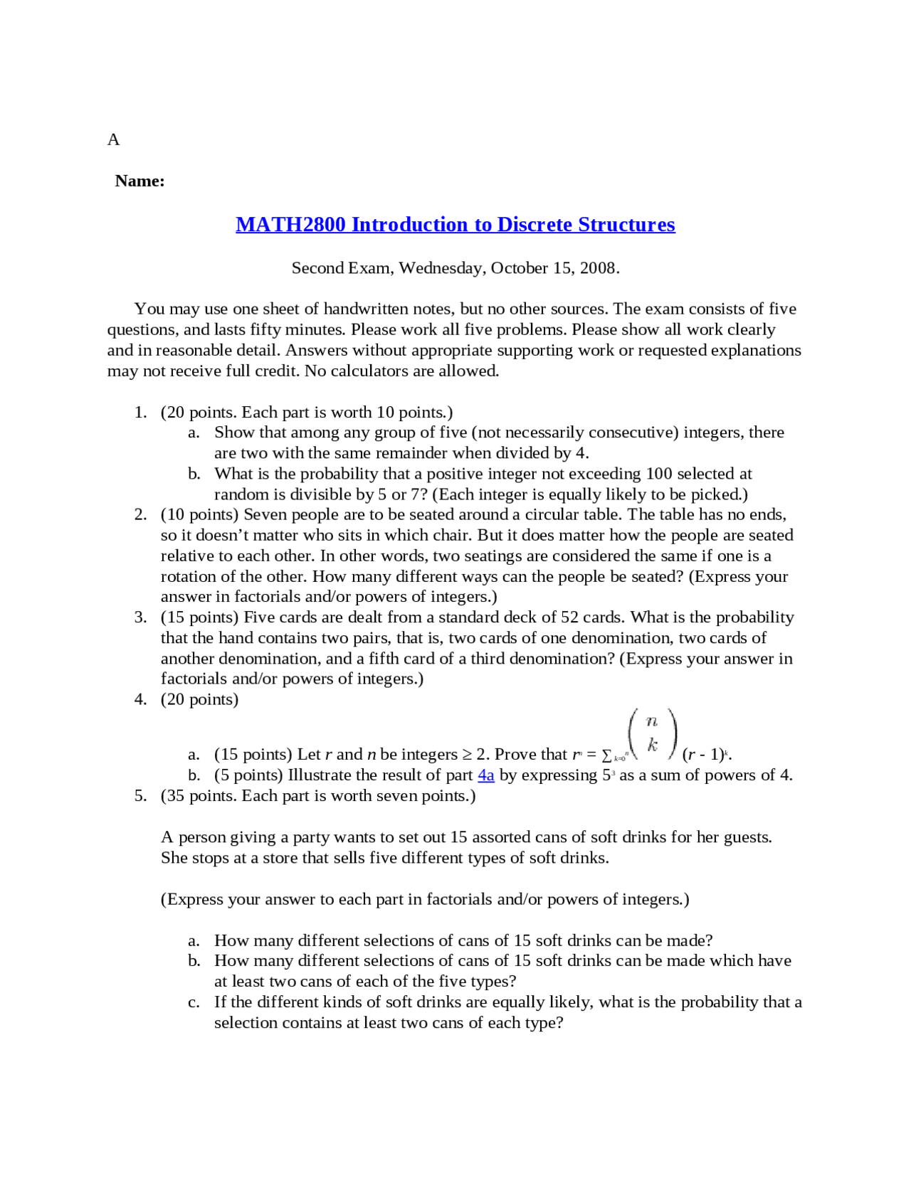 5 Questions For Exam 2 Introduction To Discrete Structures Math