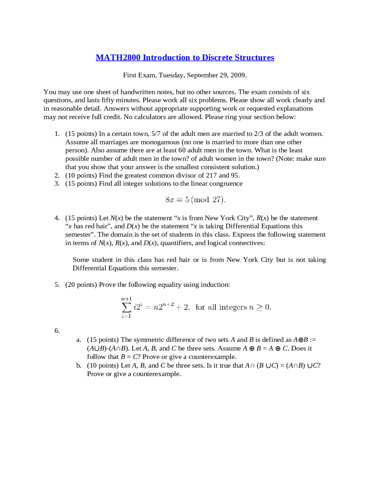 Exam 1 For Introduction To Discrete Structures Math 2800 Docsity