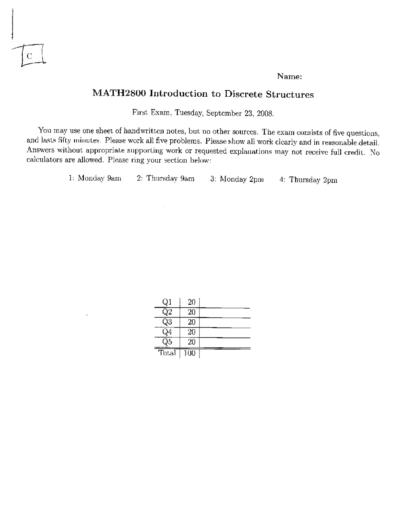 Answers To Exam 1 Introduction To Discrete Structures Fall 2008