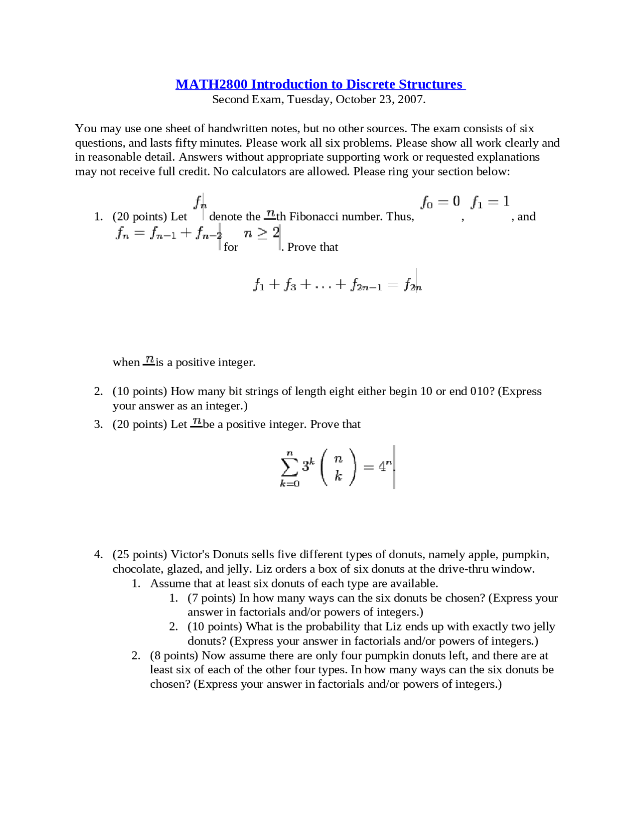 6 Problems For Exam 2 Introduction To Discrete Structures Math 2800