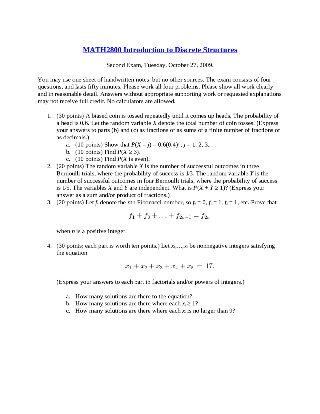 Exam 2 Introduction To Discrete Structures Math 2800 Docsity