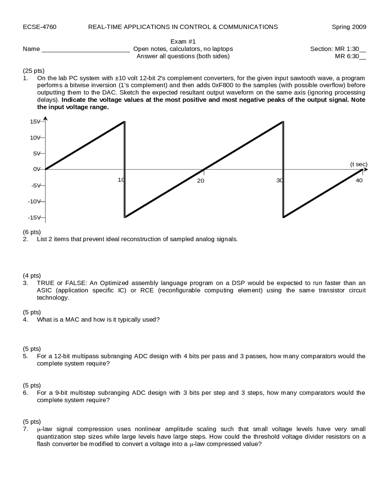 Real Time Applications in Control and Communications - Exam 1 | ECSE 4760 | Exams Electrical and ...