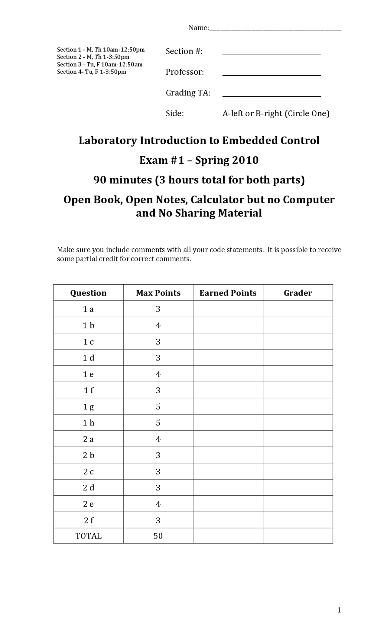 Final Exam Solution Laboratory Introduction To Embedded Control Engr 2350 Docsity