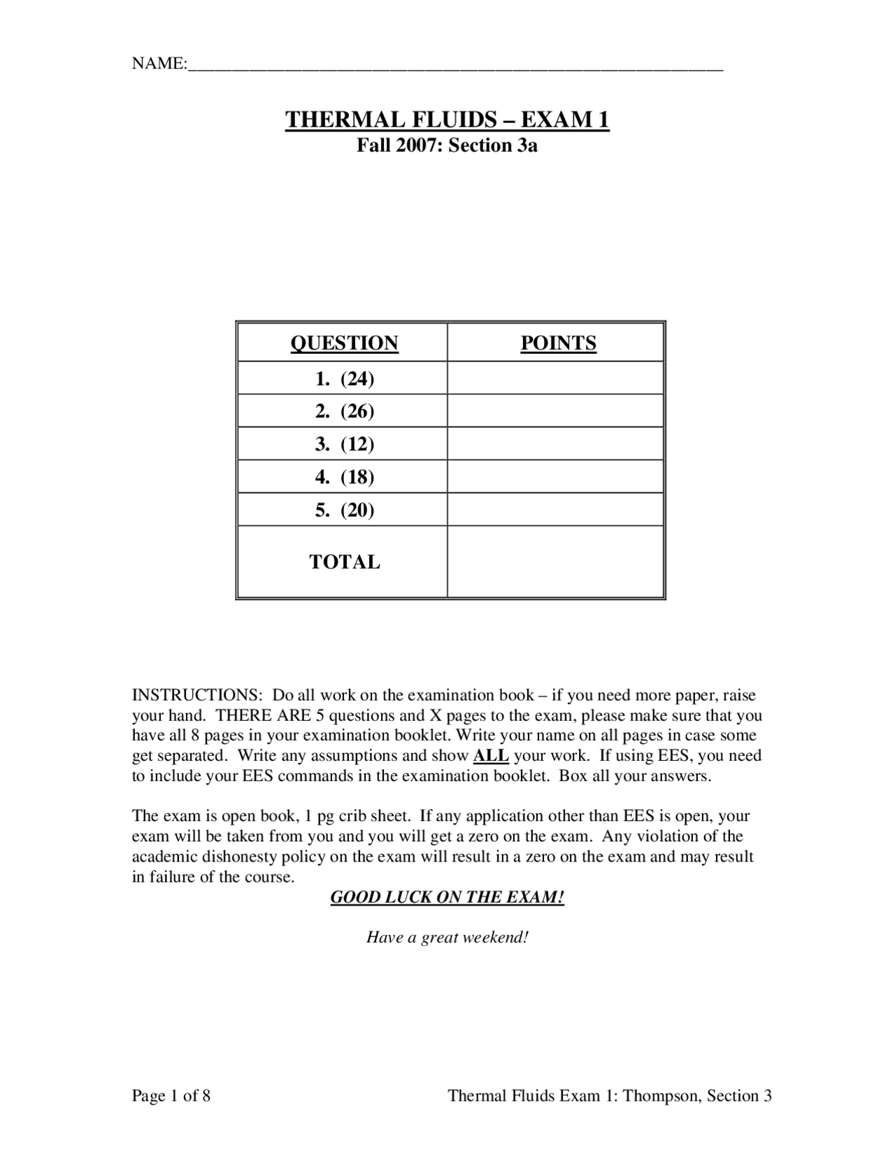 Exam Paper 1 Thermal And Fluids Engr 2250 Docsity