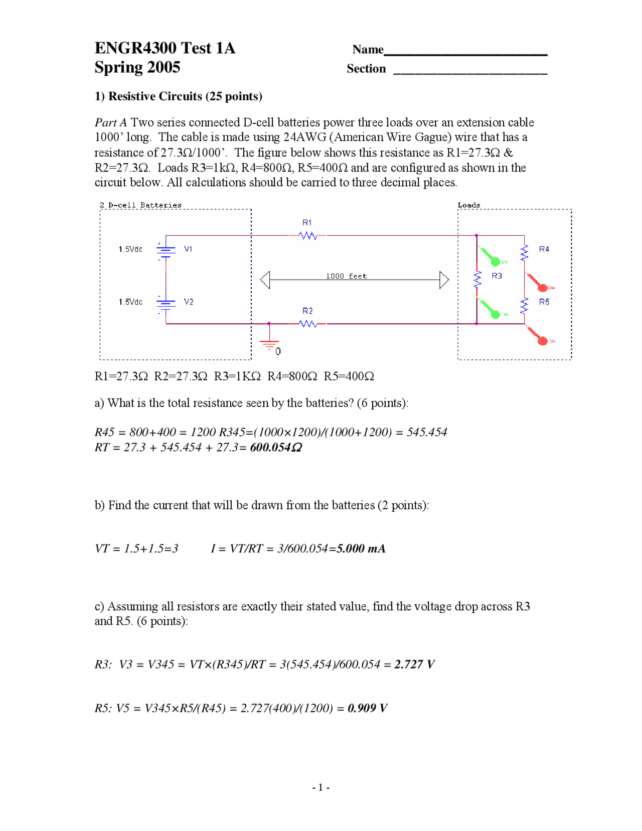 Practice Test 1a Electronic Instrumentation Spring 2005 Engr 4300