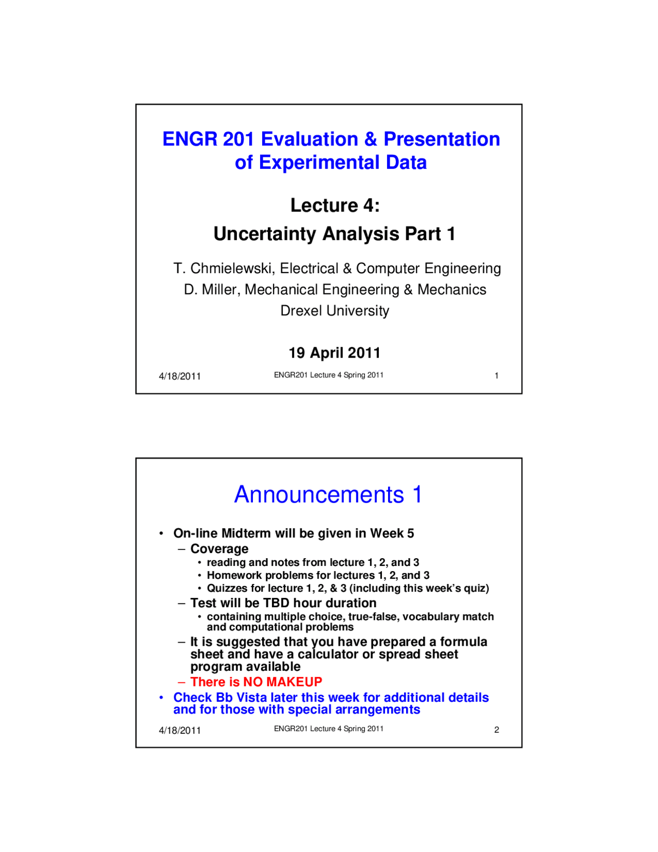 Uncertainty Analysis in Evaluation of the Data - Lecture Slides | ENGR 201 - Docsity