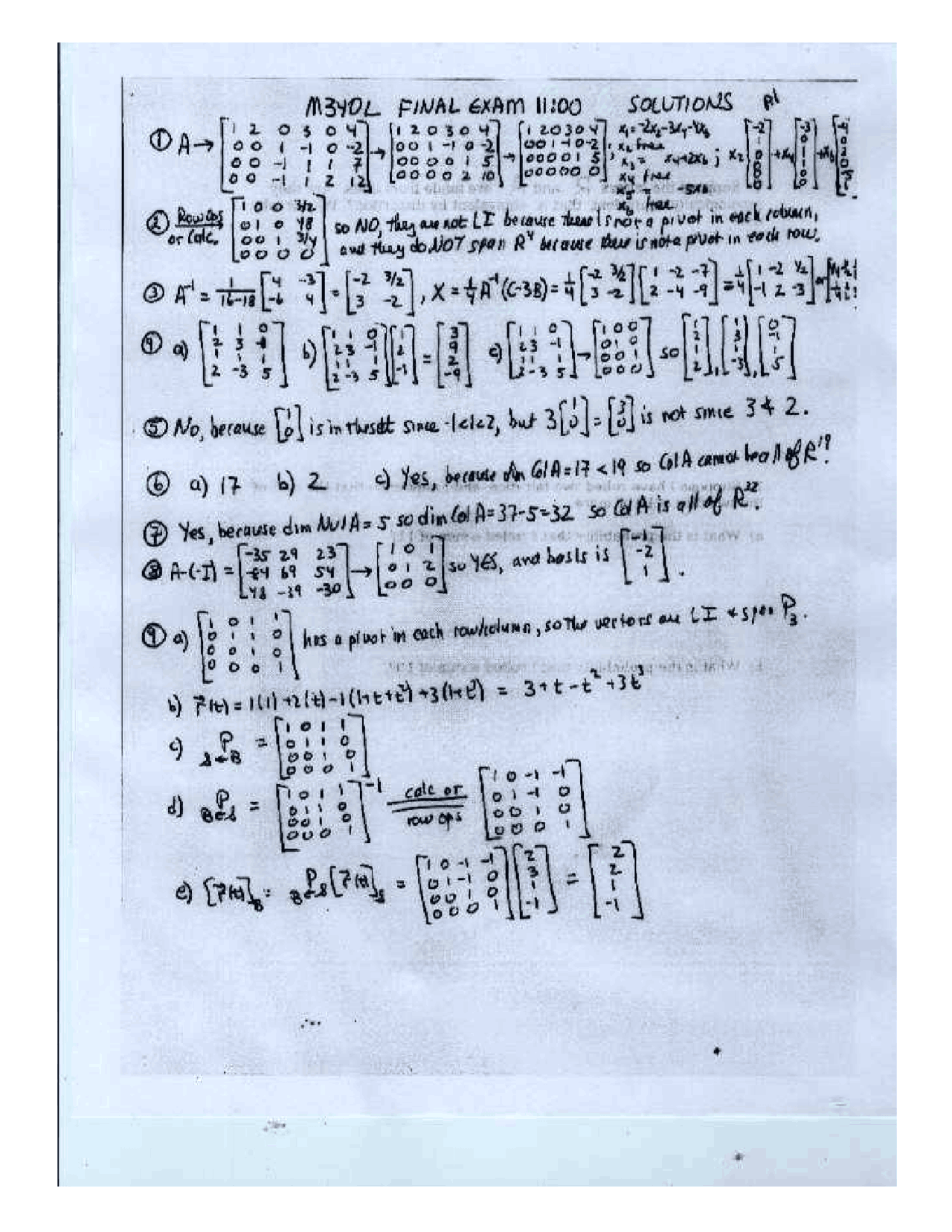 Solved Final Exam For Matrices And Matrix Calculations M 340l Docsity