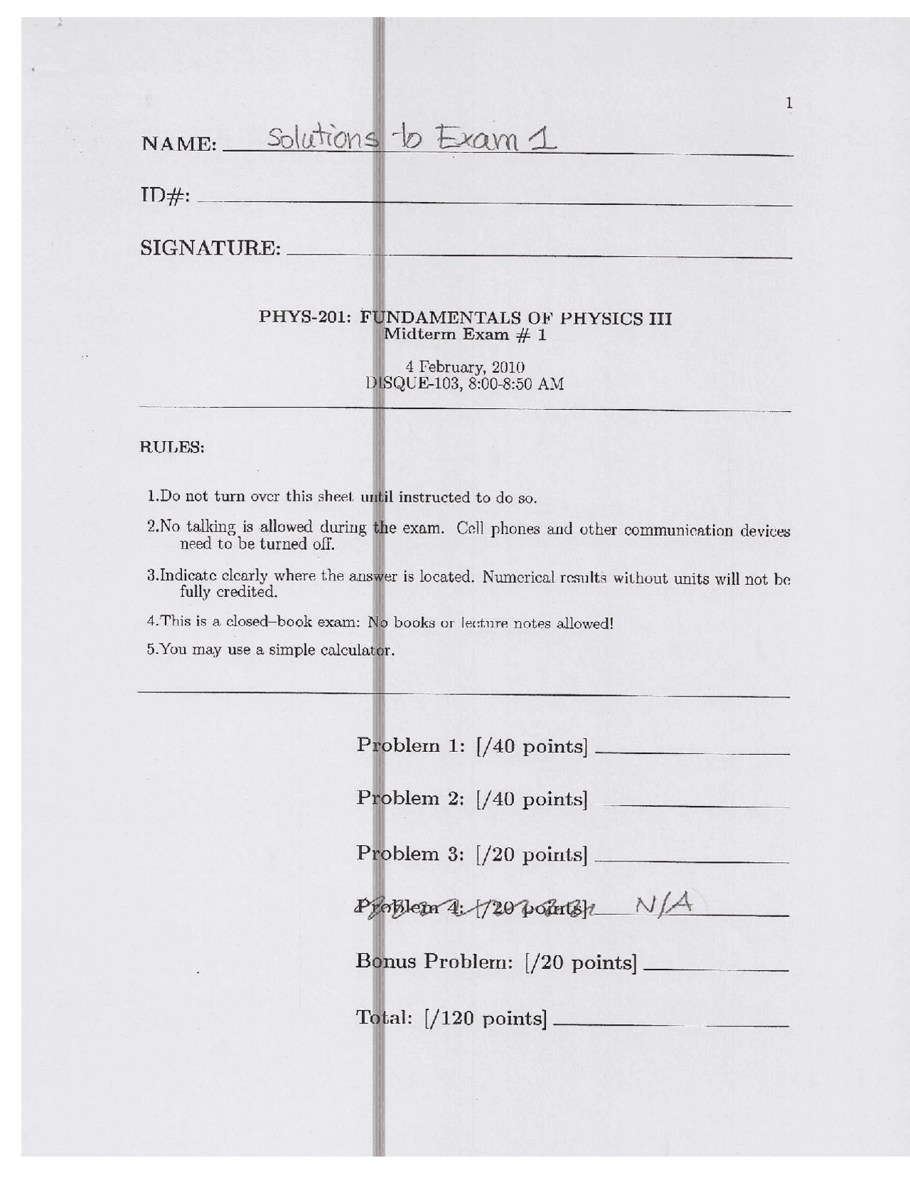 Solutions To Exam 1 For Fundamentals Of Physics I Phys 201 Docsity