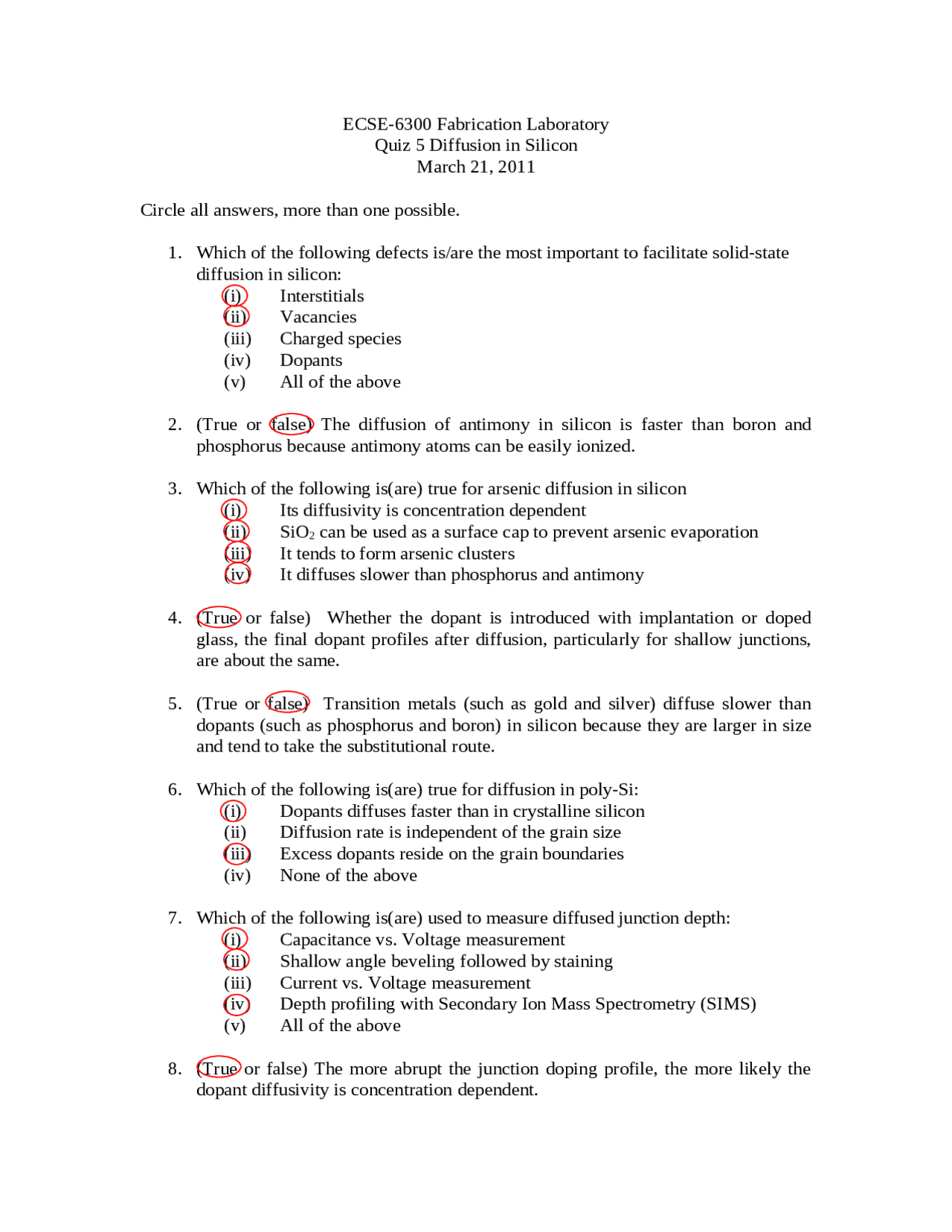 Quiz 5 Diffusion In Silicon Ic Fabrication Lab Ecse 6300 Docsity