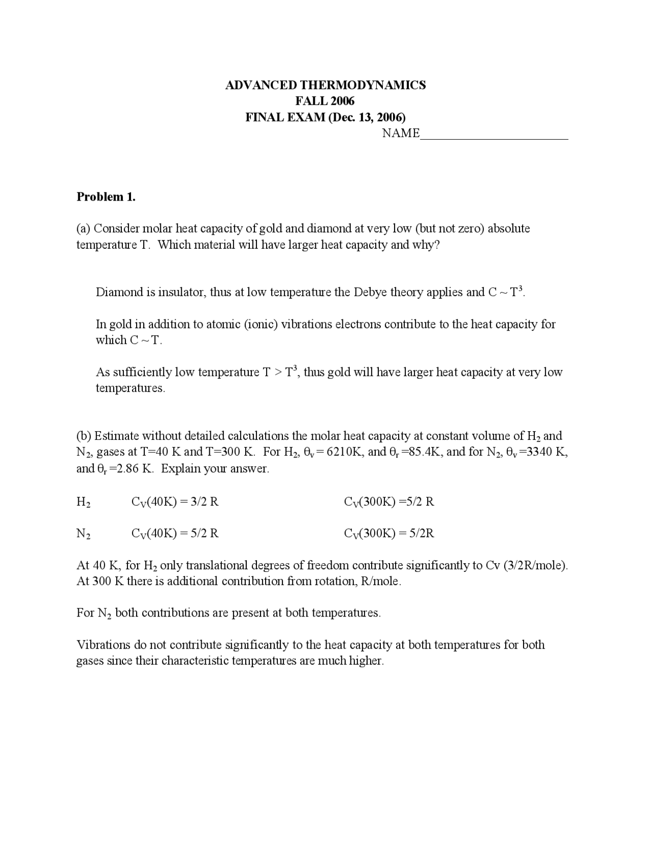 Final Exam Advanced Thermodynamics Fall 2006 Mtle 6030 Docsity
