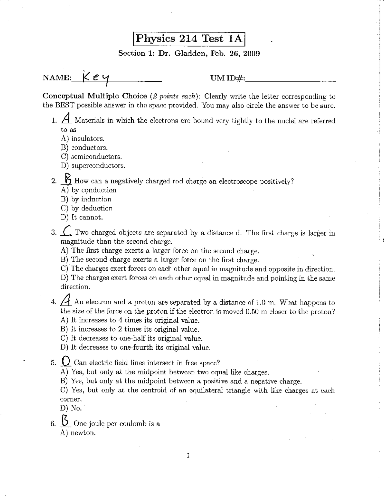 Past Test 1a With Answer Key General Physics Ii Phys 214 Docsity