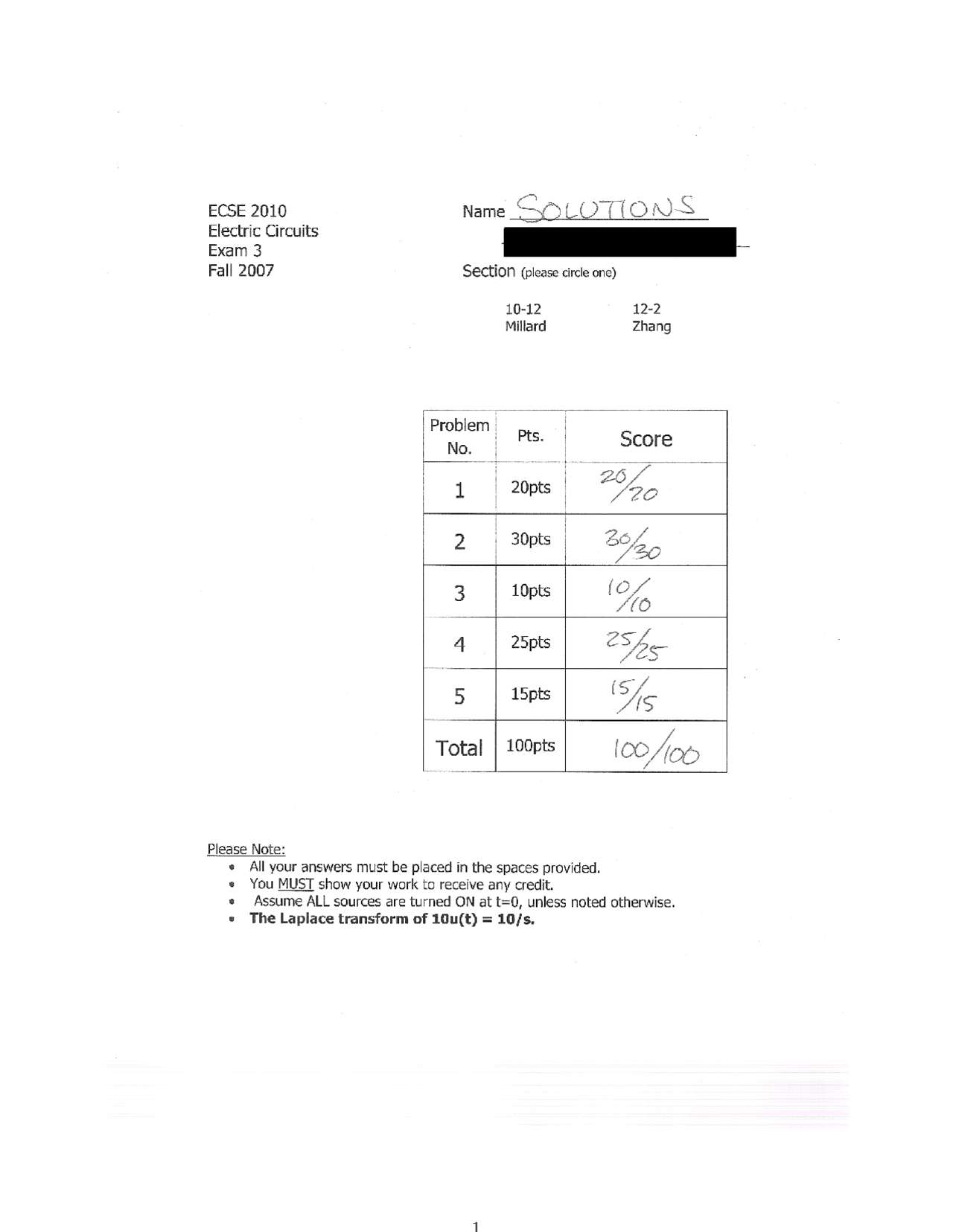 Exam 3 With Solution Electric Circuits Fall 2007 Ecse 2010 Docsity