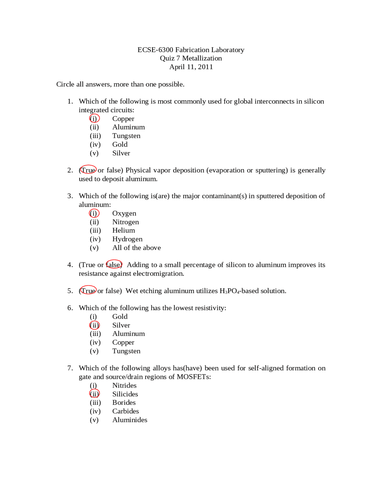 Quiz 7 On Metallization Fabrication Lab Ecse 6300 Docsity
