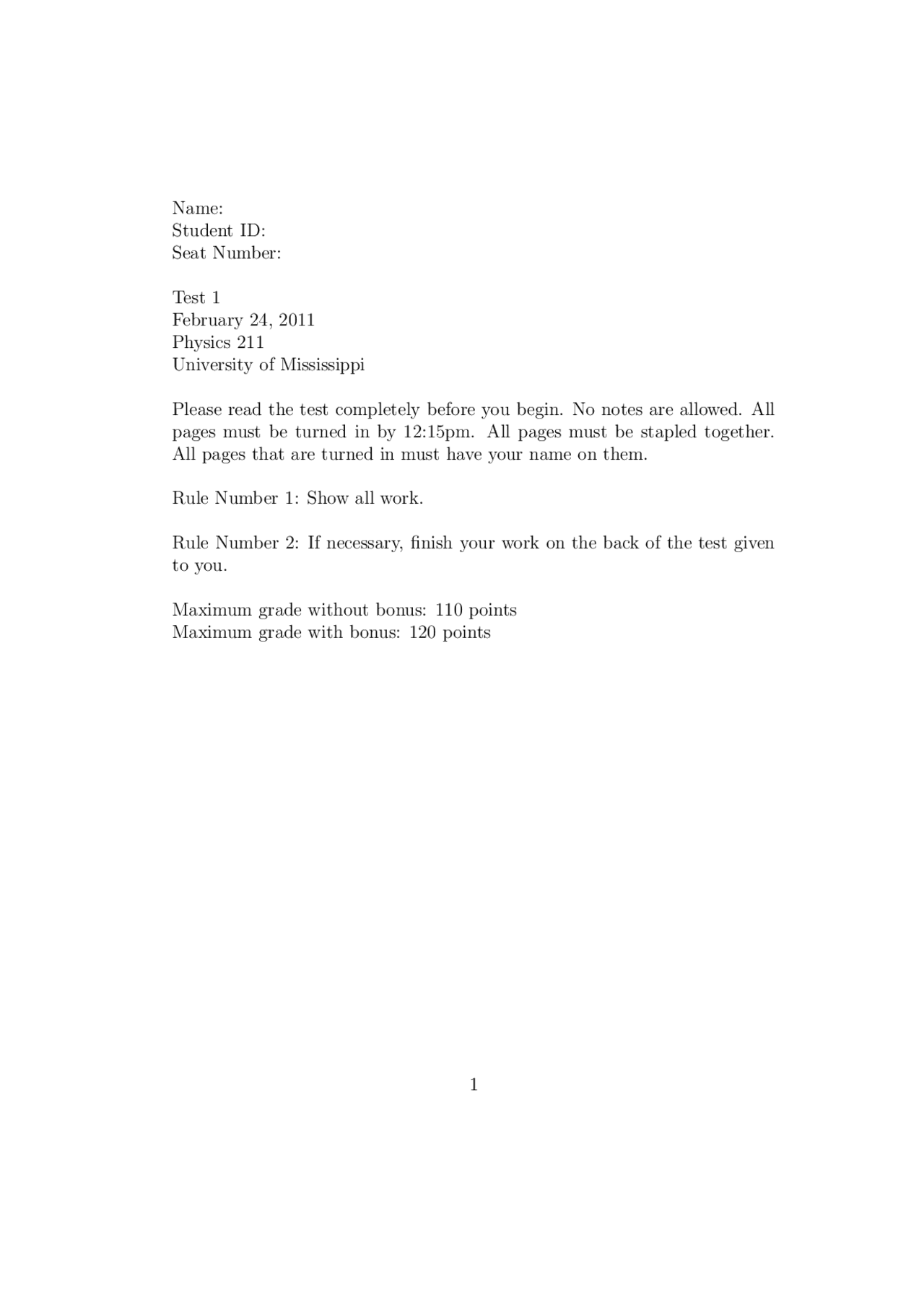 Questions On Physics For Science And Engineering I For Exam 1 Phys