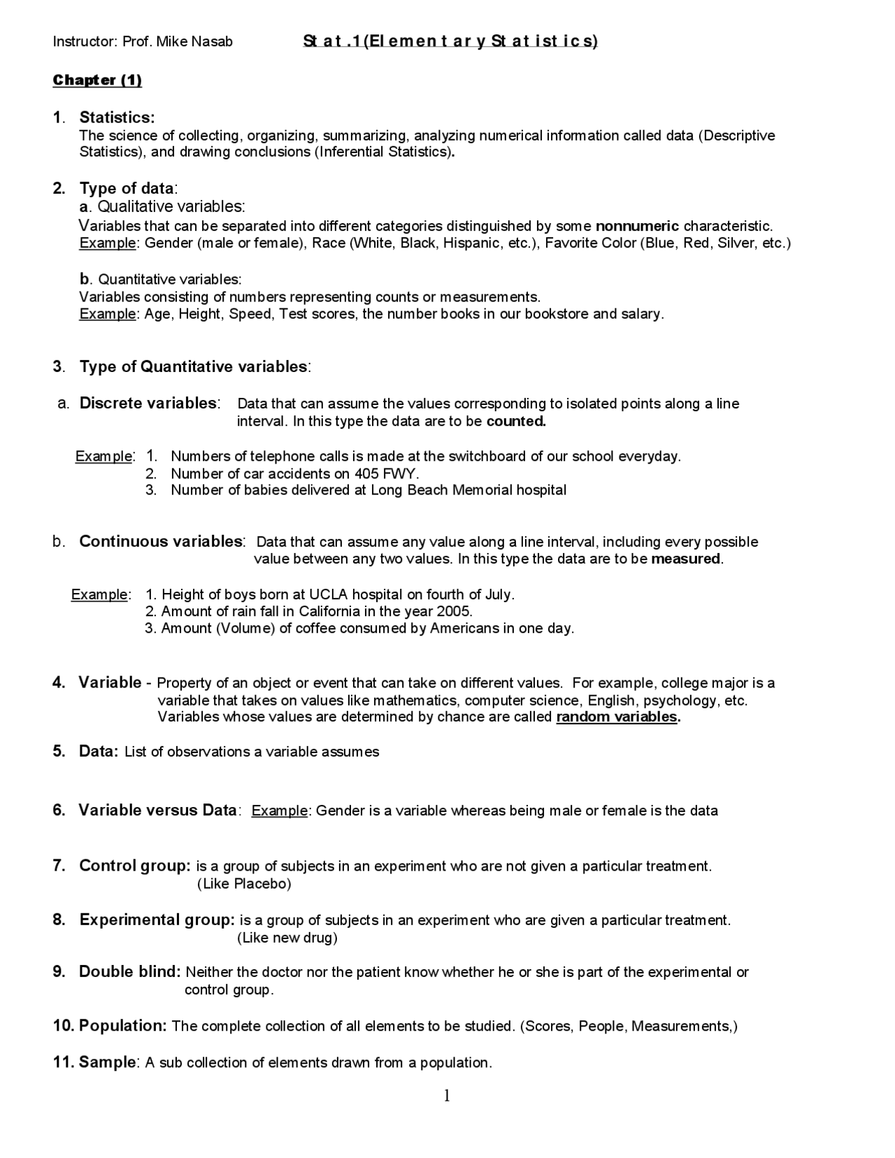Lecture Notes for Elementary Statistics | STA 120 - Docsity