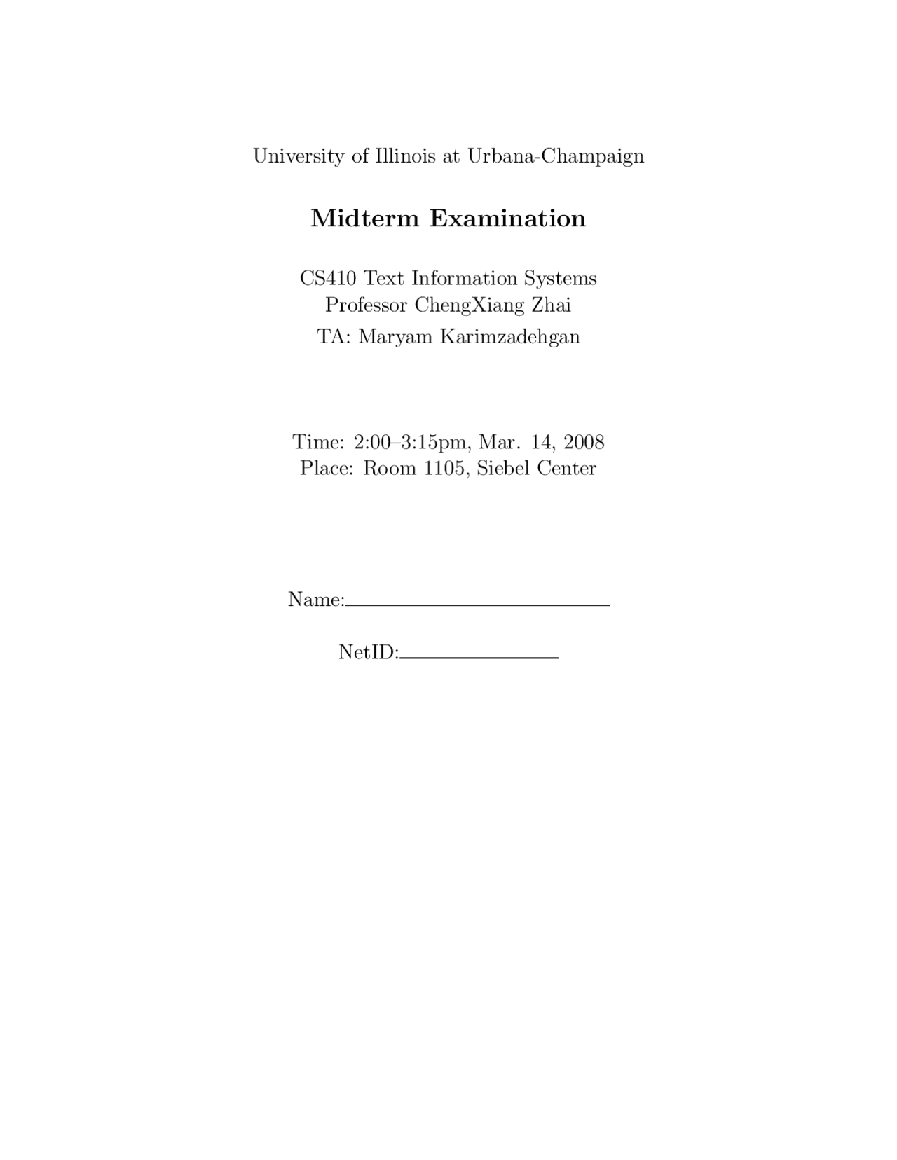 Text Information Systems Midterm Exam With Solutions Cs 410 Exams Management Information 0272